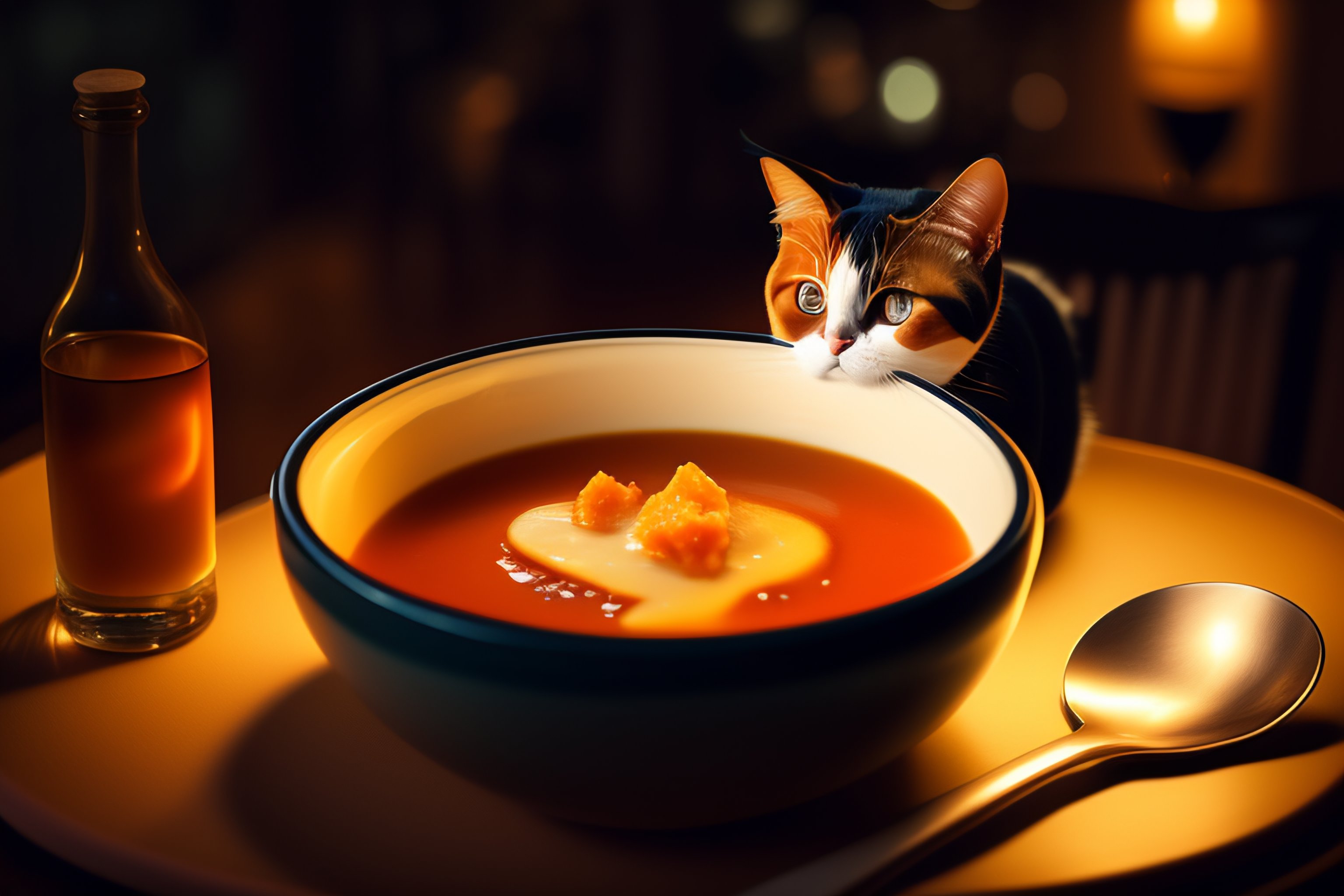 Lexica - A calico cat cooking soup at a French restaurant at night