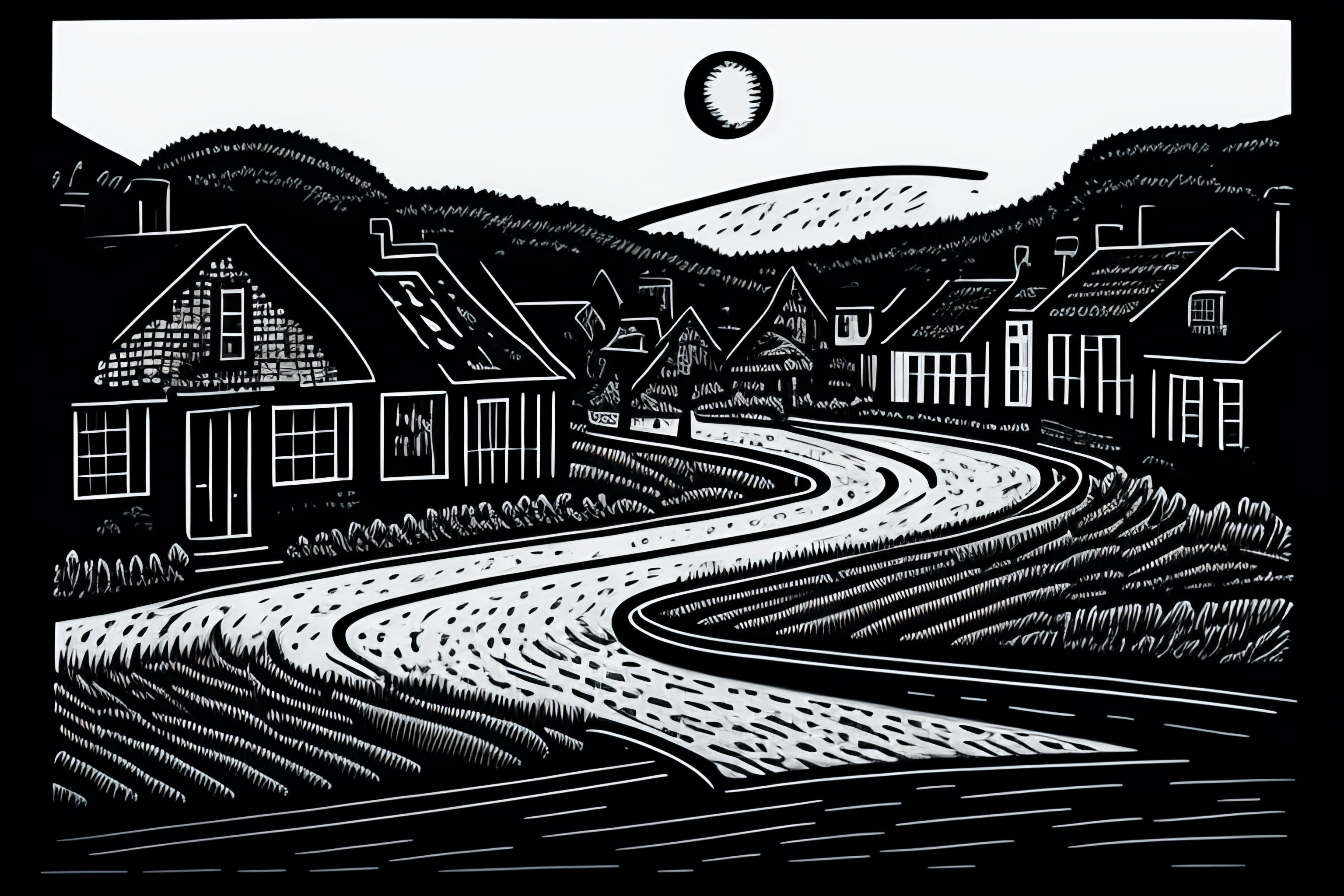 Lexica - Engraving liminal space black and white linocut landscape ...
