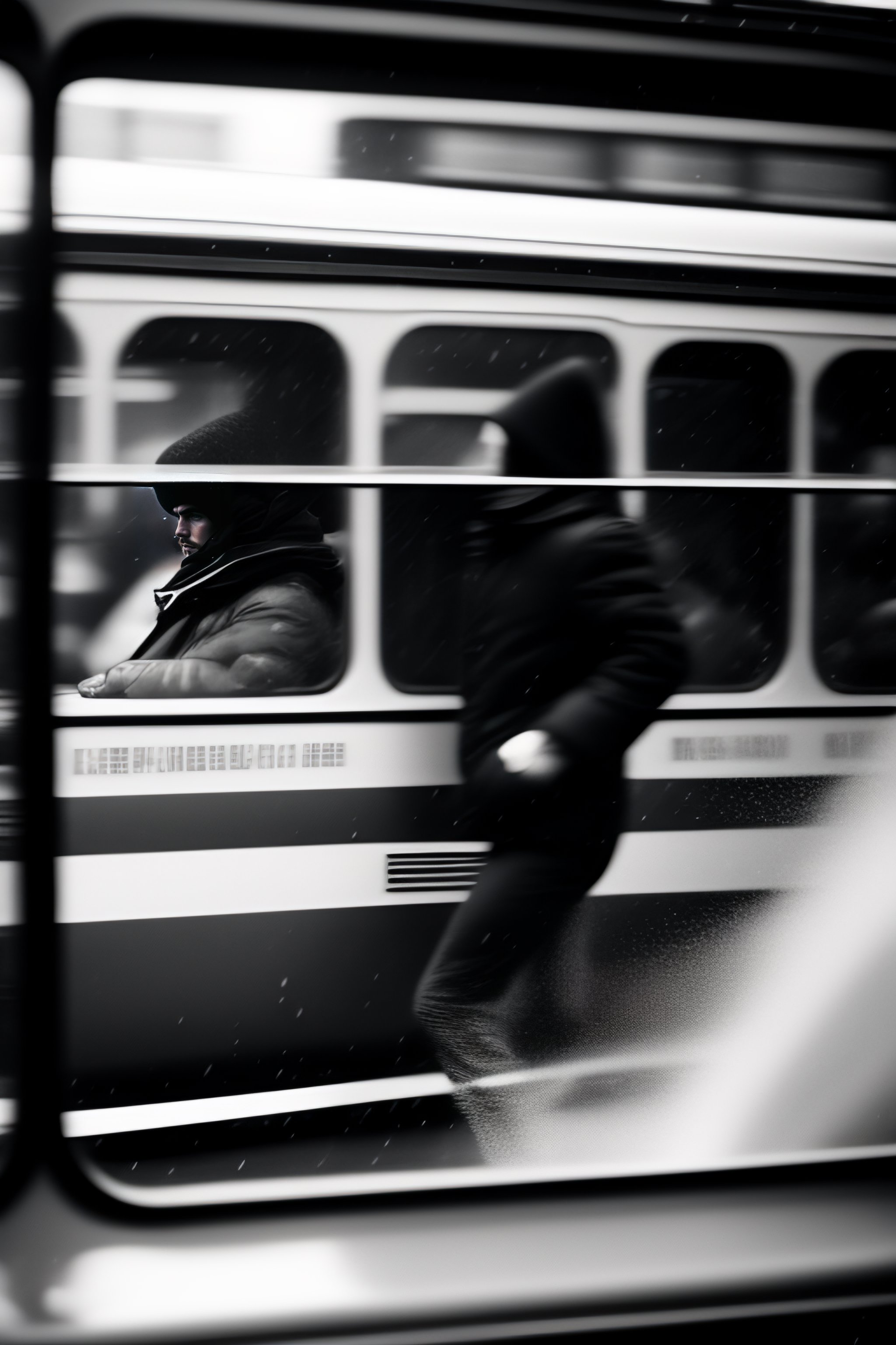 Lexica - View of a running man from inside a dropped bus window, winter ...