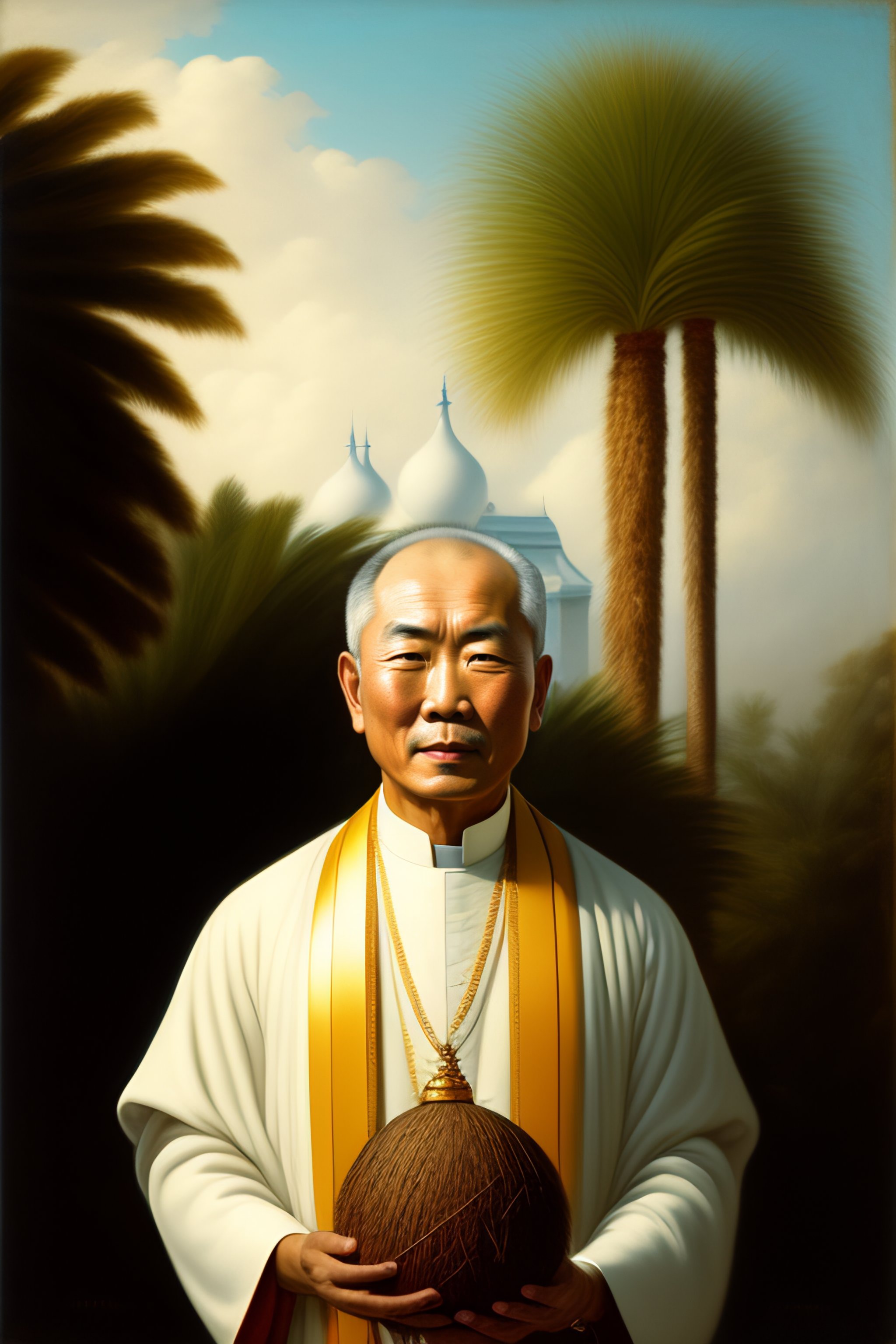 Lexica - Portrait of an Asian priest with a coconut in front of a palm tree
