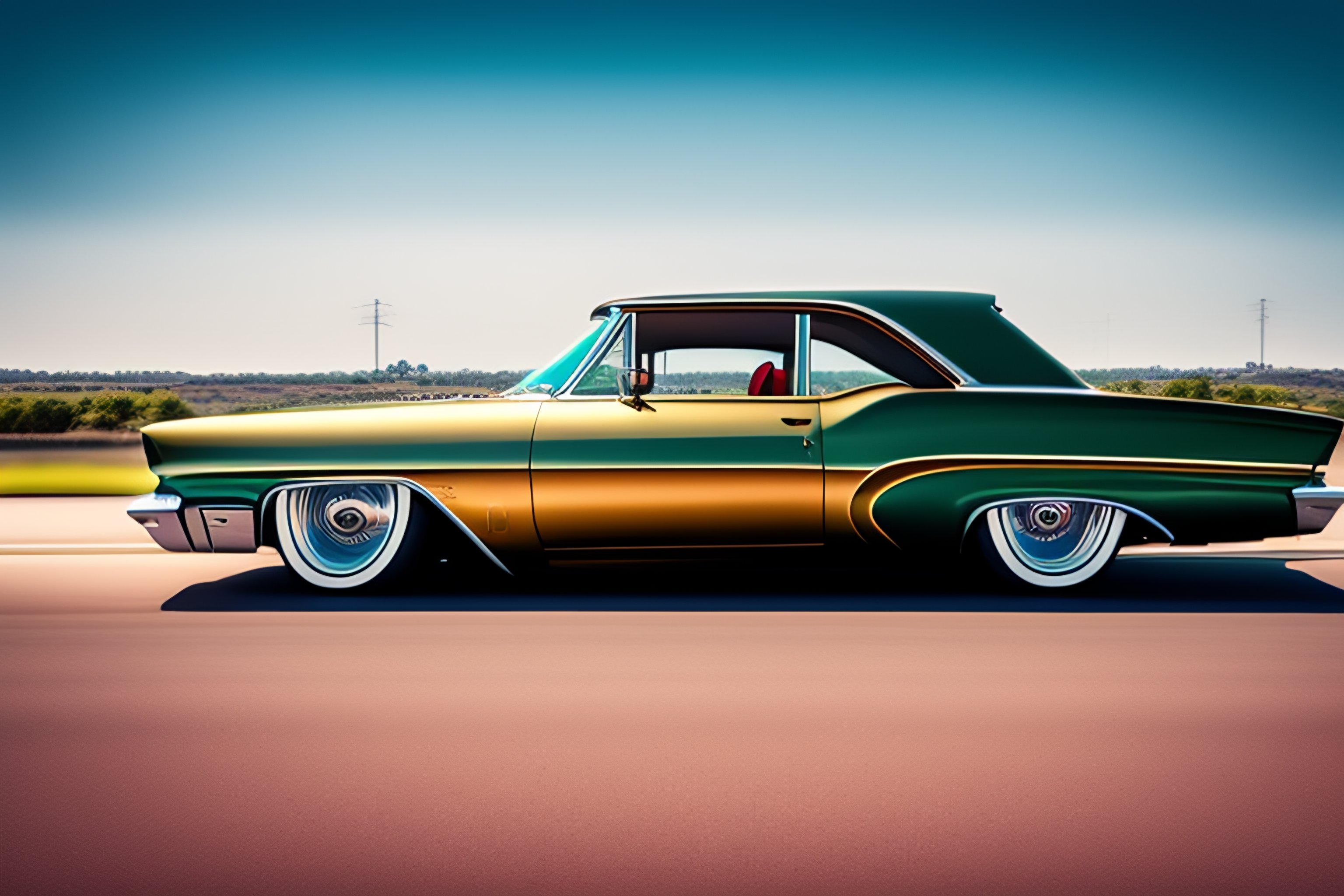Lexica - The side of a lowrider with wheels on the freeway