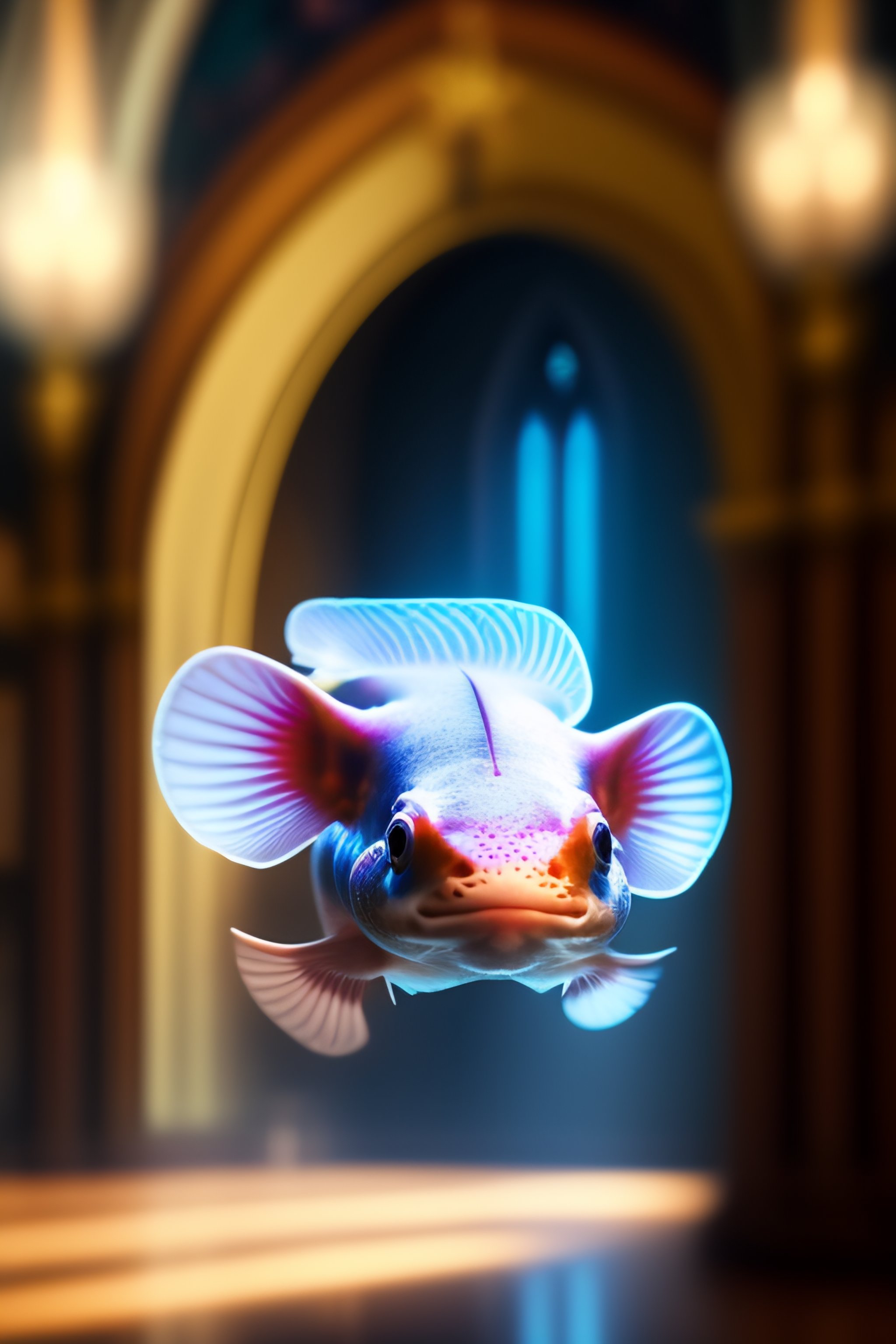 Lexica - A god axolotl flying inside a church with an halo around his head