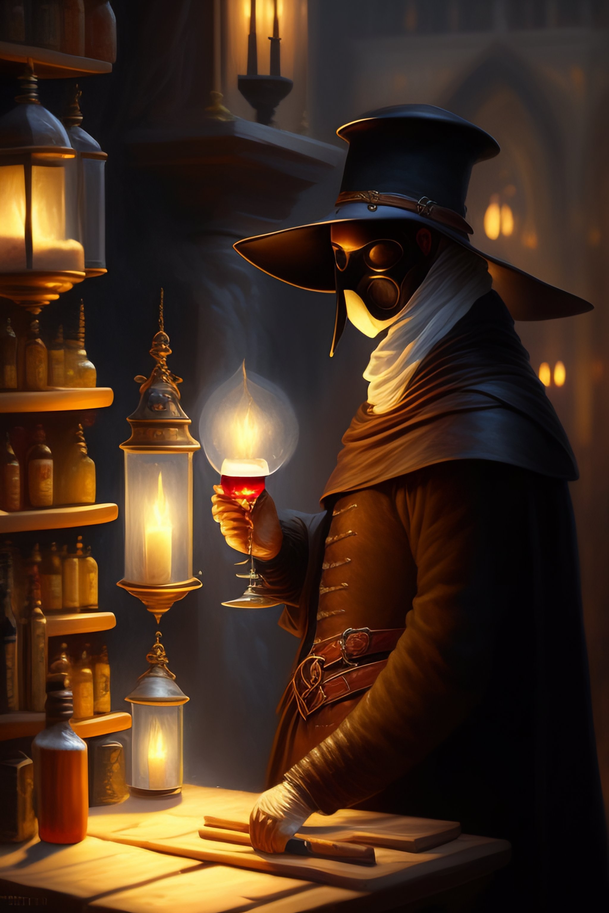 Lexica - Plague doctor working in medieval apothecary, oil painting, by ...