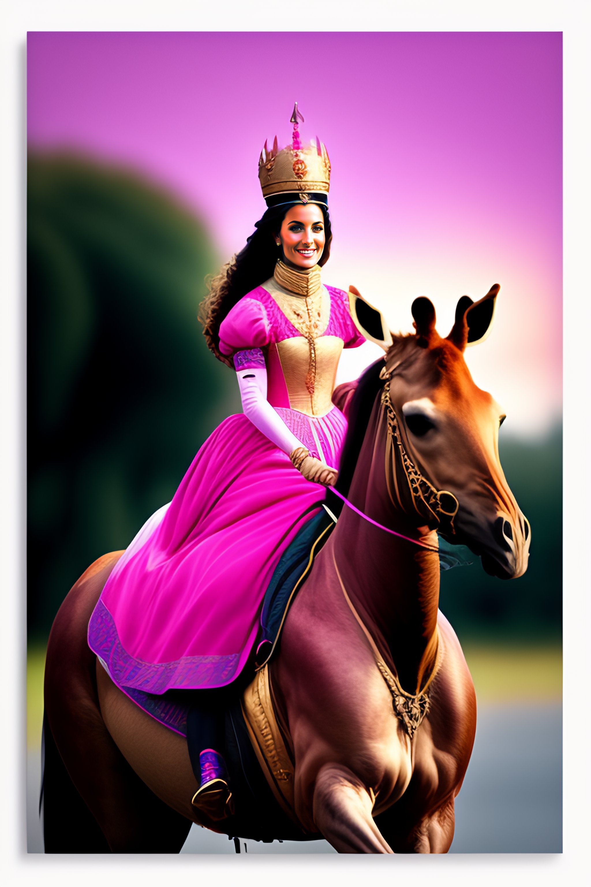 Lexica - Marta Gastini in pink medieval princess style riding a giraffe