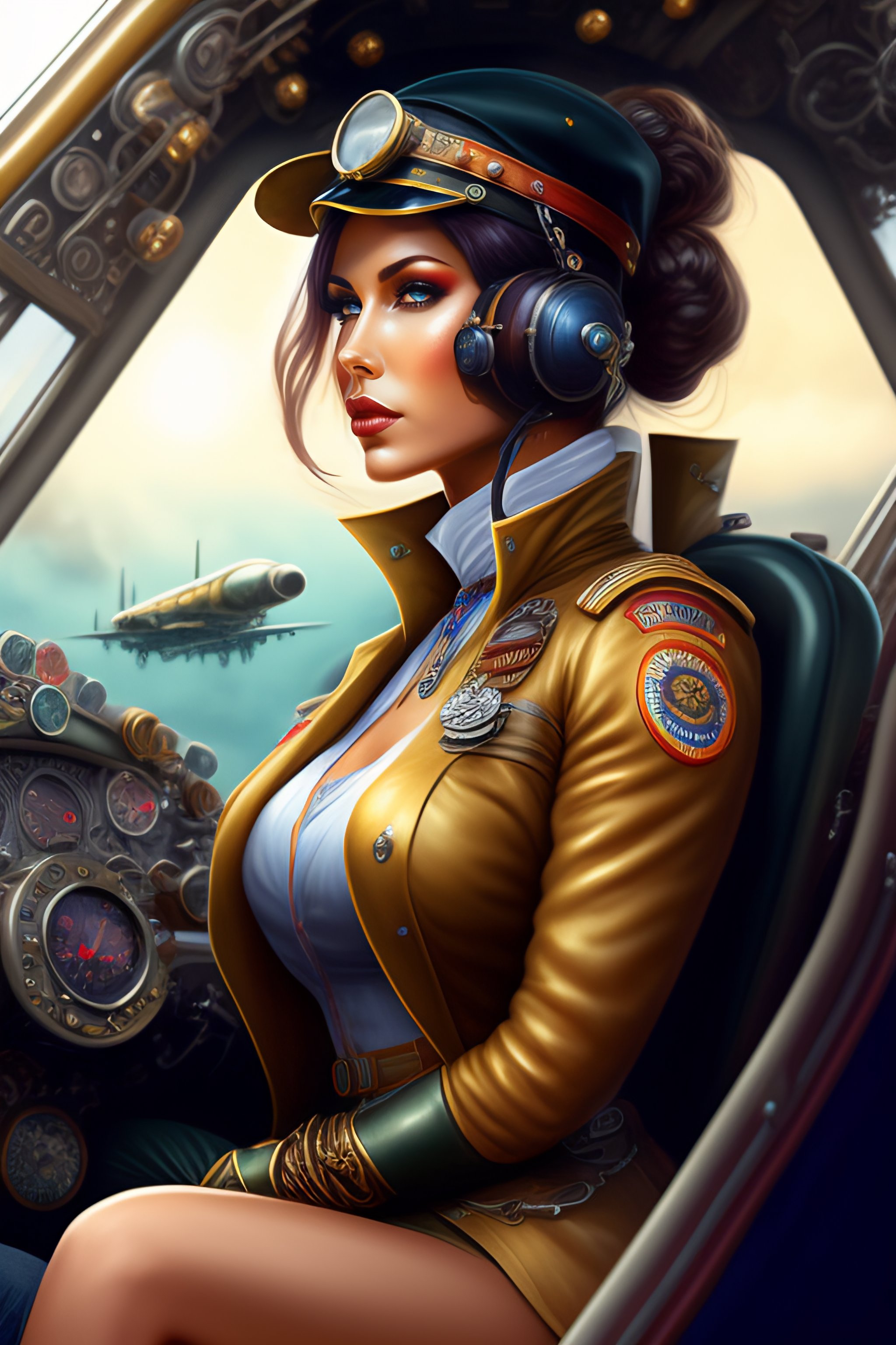 Lexica - Steampunk pilot beautiful women, interior cockpit, hyperdetailed, by john blanche