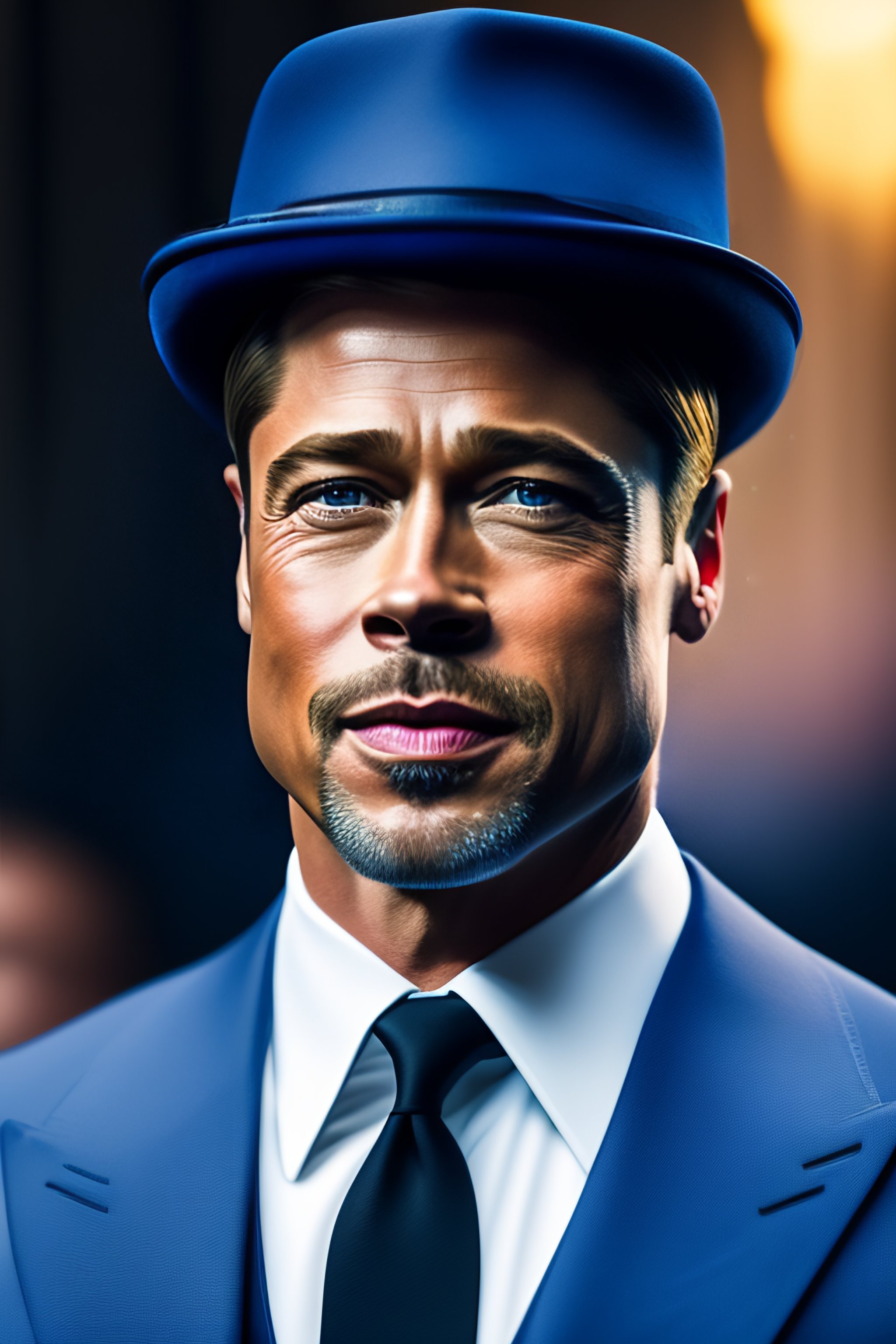 Lexica - Close up of brad pitt wearing a midnight - blue suit and blue ...