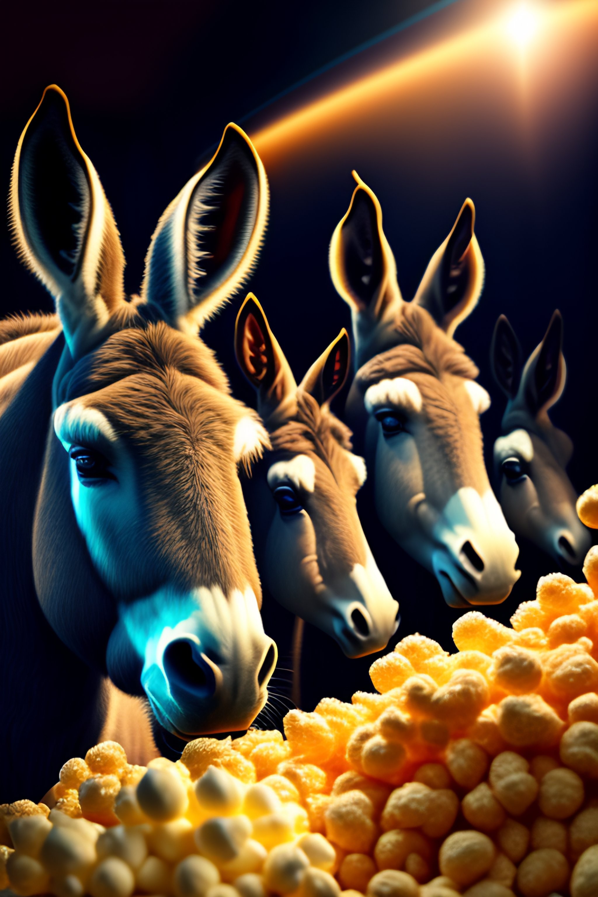 Lexica - A row of ((happy)) donkeys eating popcorn with fascination and ...
