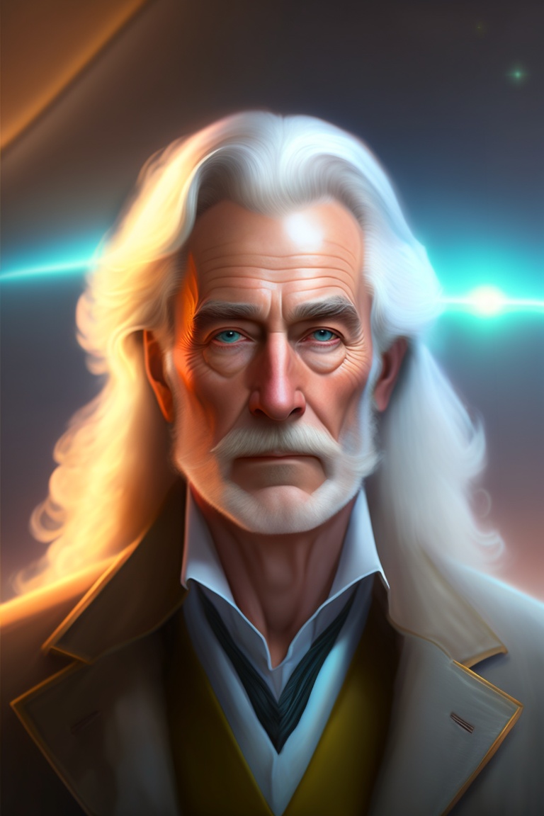 Lexica - Old man facing camera, scientist look , sci-fic background ...