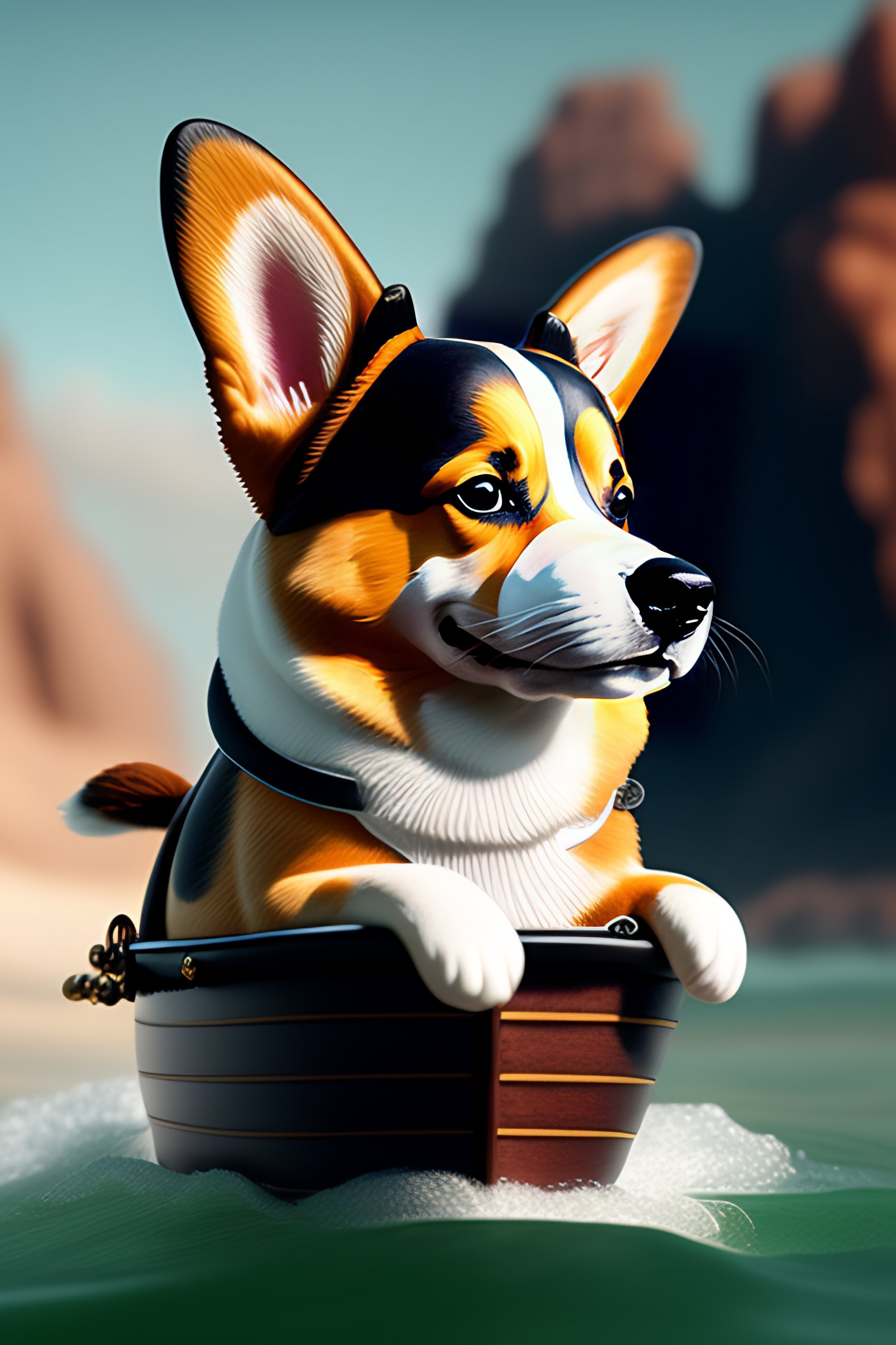 Lexica - A pirate anthropomorphic corgi, corgi on a pirate ship in the sea