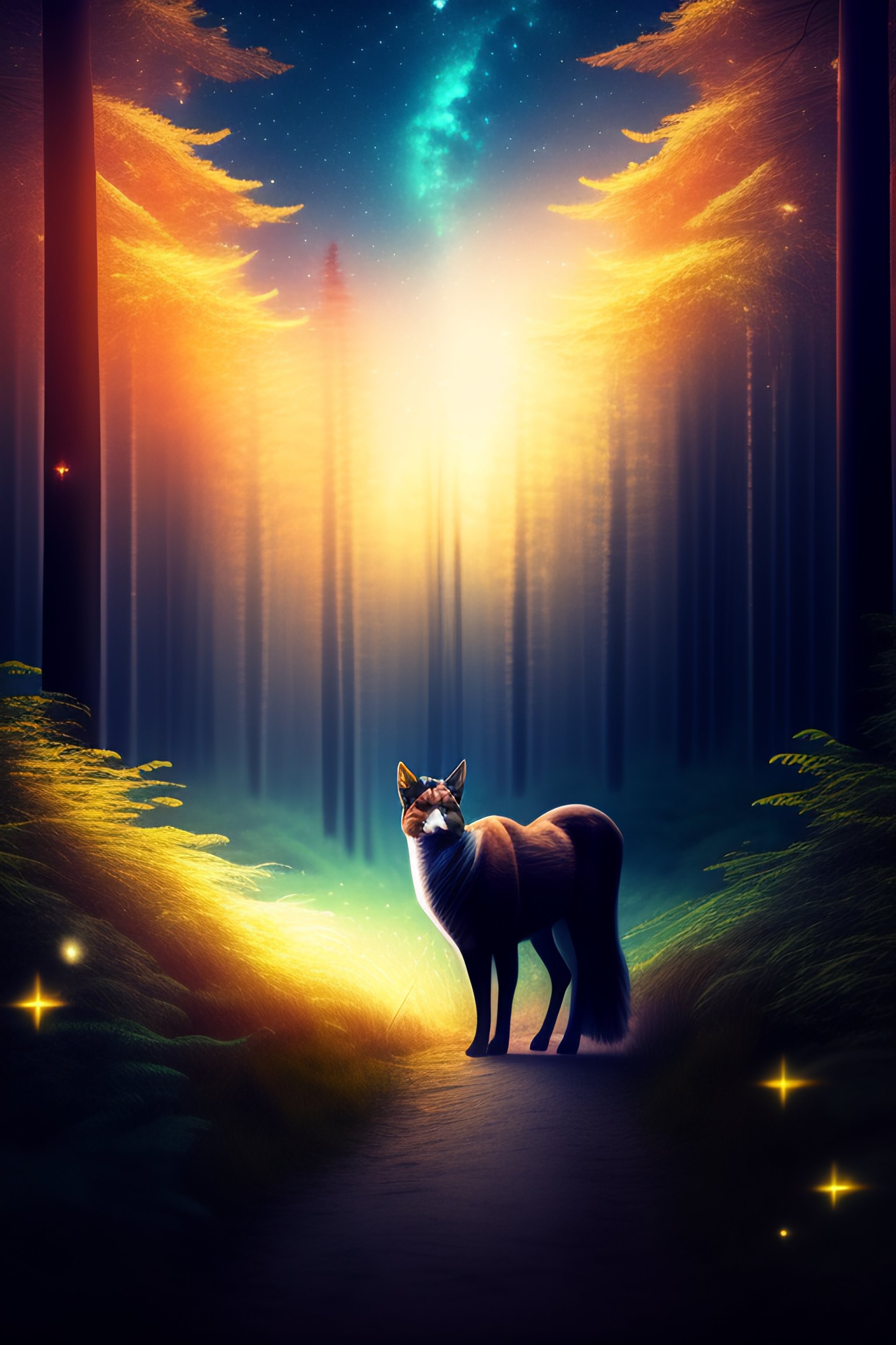 Lexica - Magical creature walks in a forest at night, stars are shining