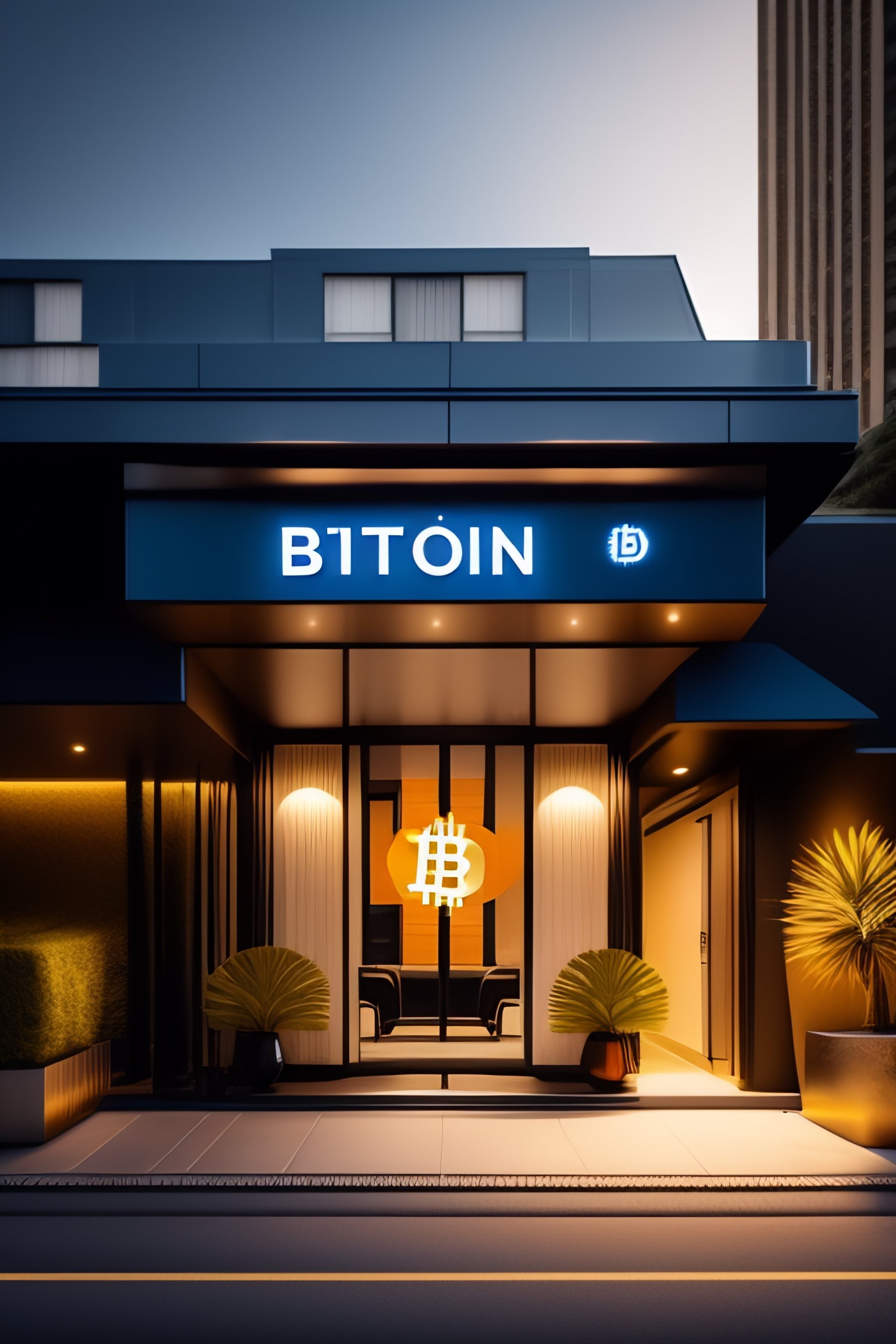 Lexica - PICTURE OF A BITCOIN HOTEL DOWNTOWN WITH BITCOIN LOGO
