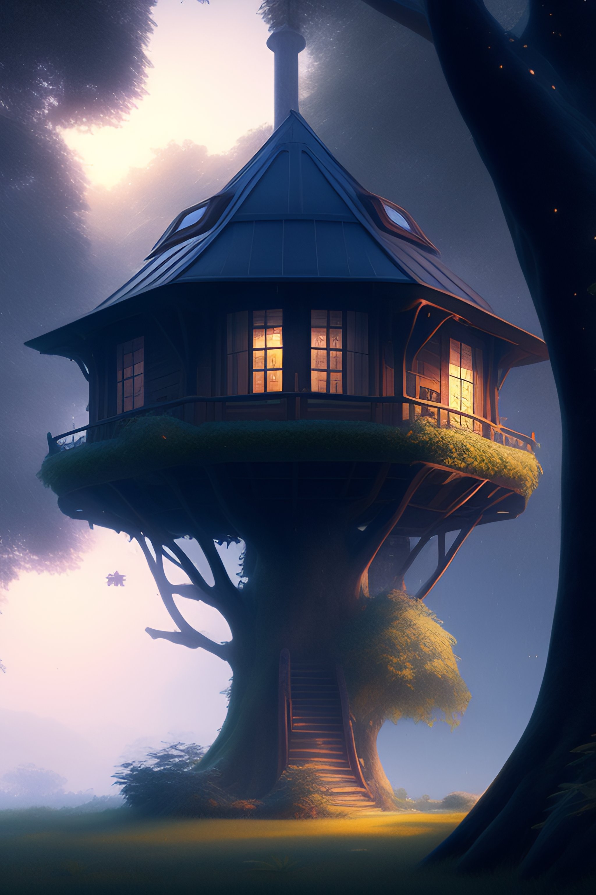 Lexica - Rain - tree house with windows, night, stars in the sky ...