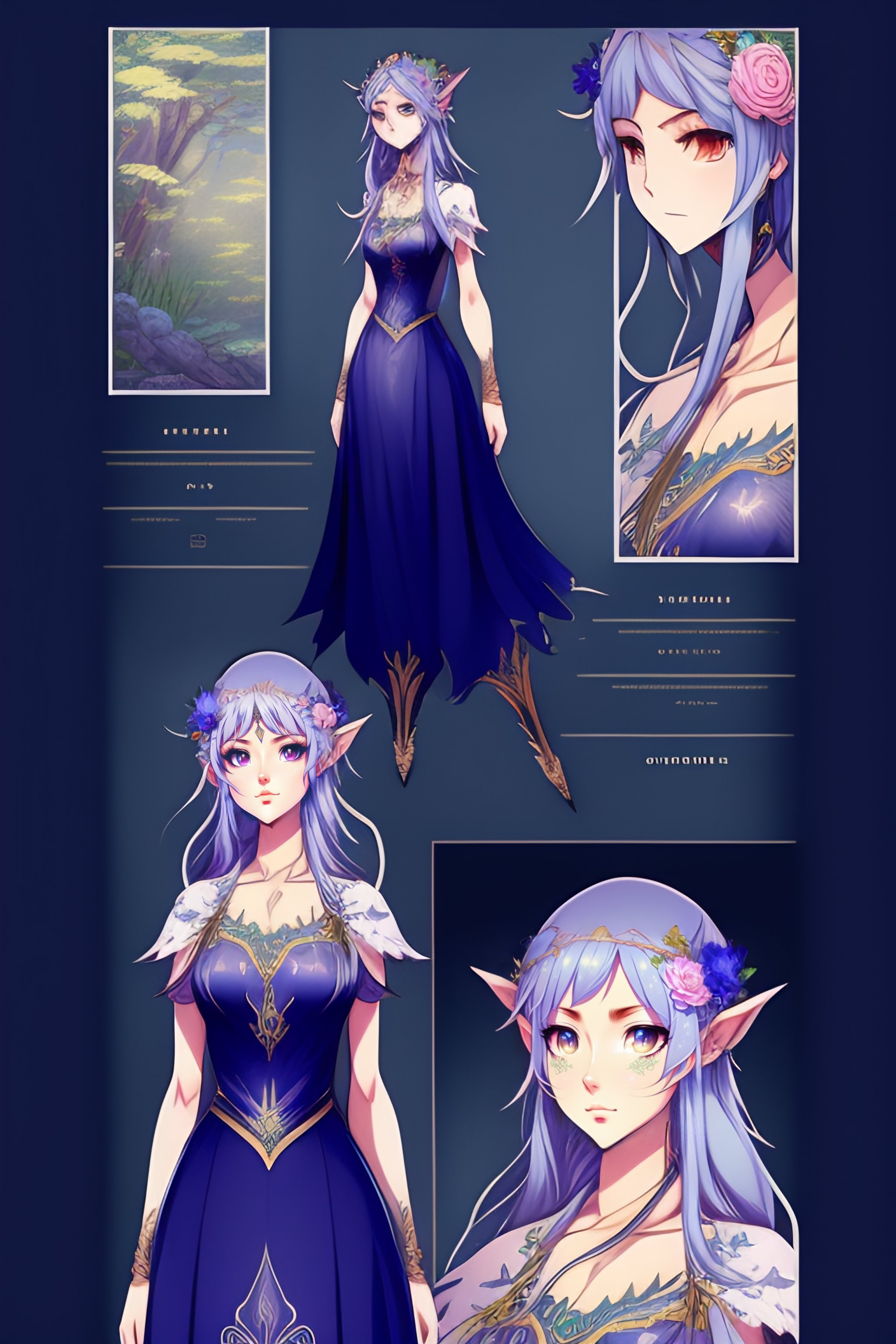Lexica - Forest elf dress concept art, dark blue palet color, flowers ...