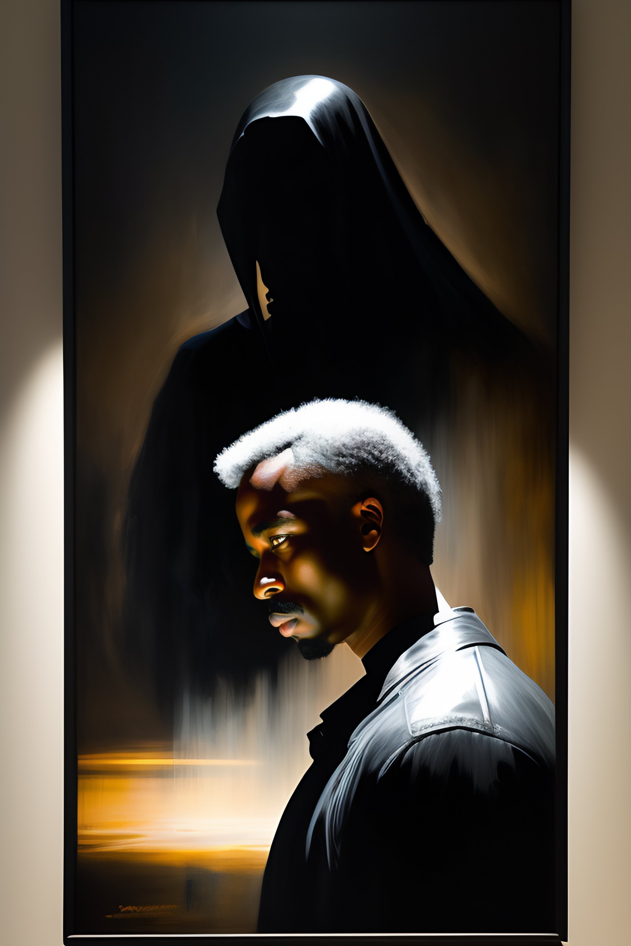 Lexica - The mixed mediart shows a the large, black-clad figure of the ...