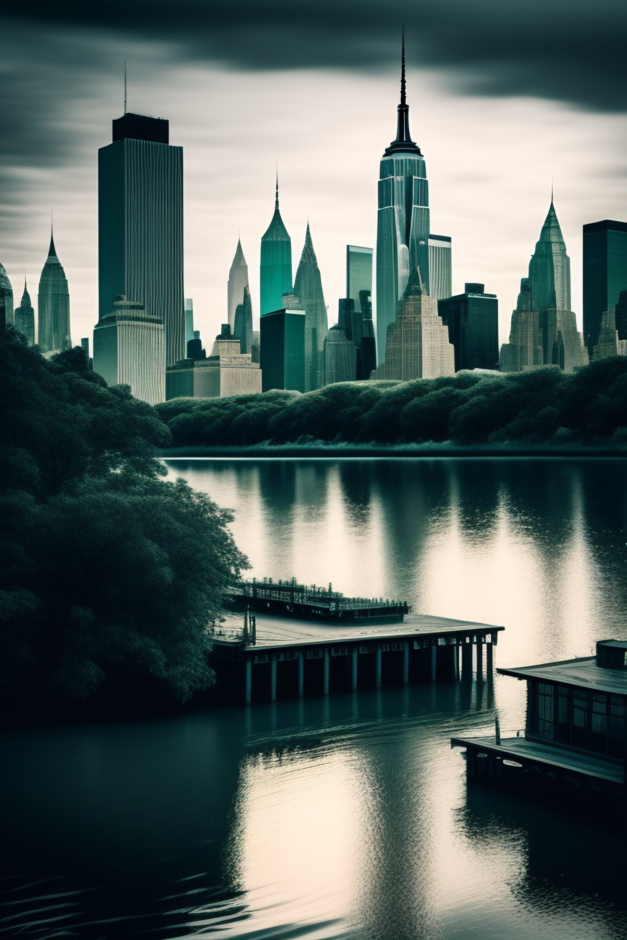 Lexica - New york city skyline, river, vintage, green monochrome