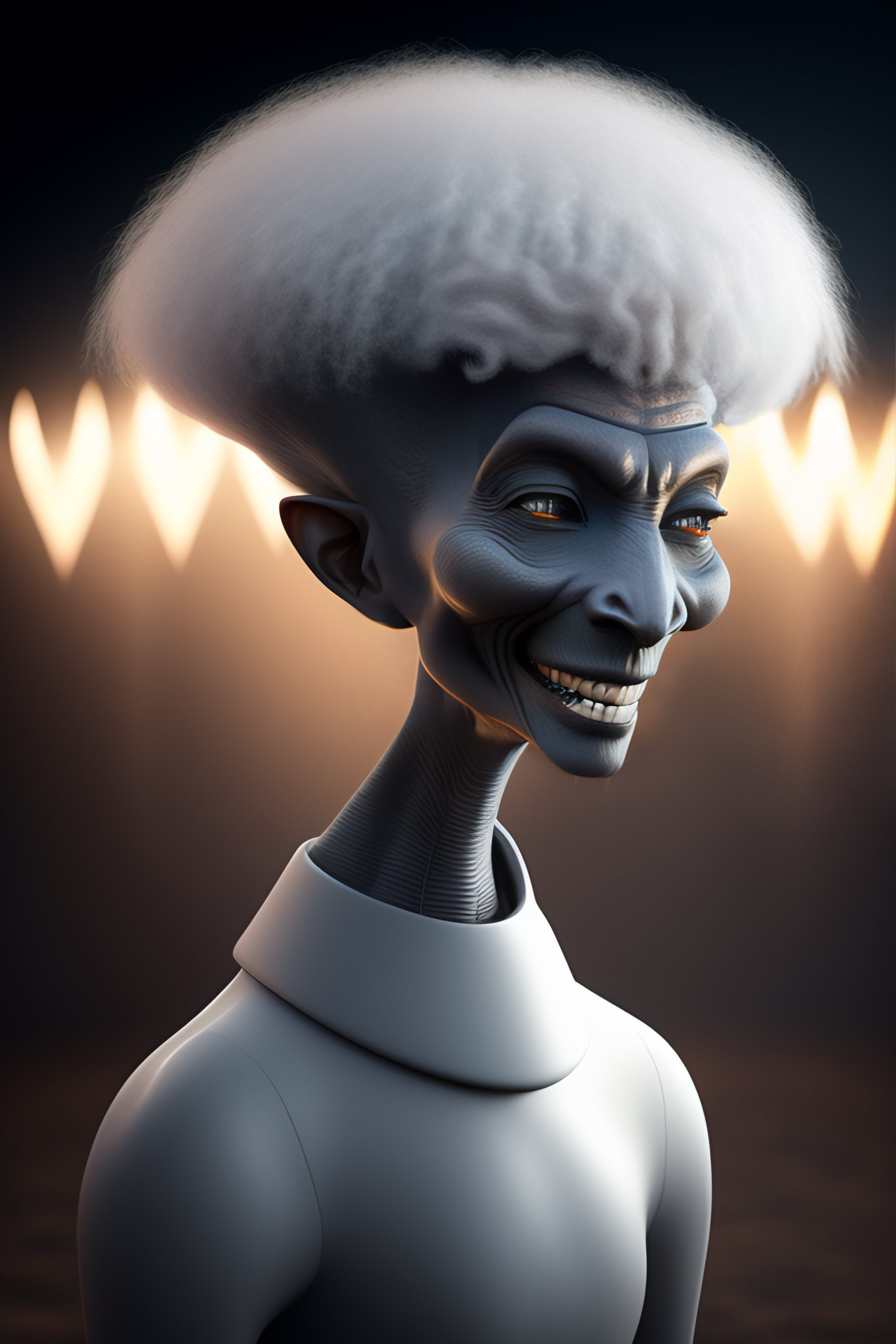 Lexica - Tall grey alien, mop hair, sharp white teeth