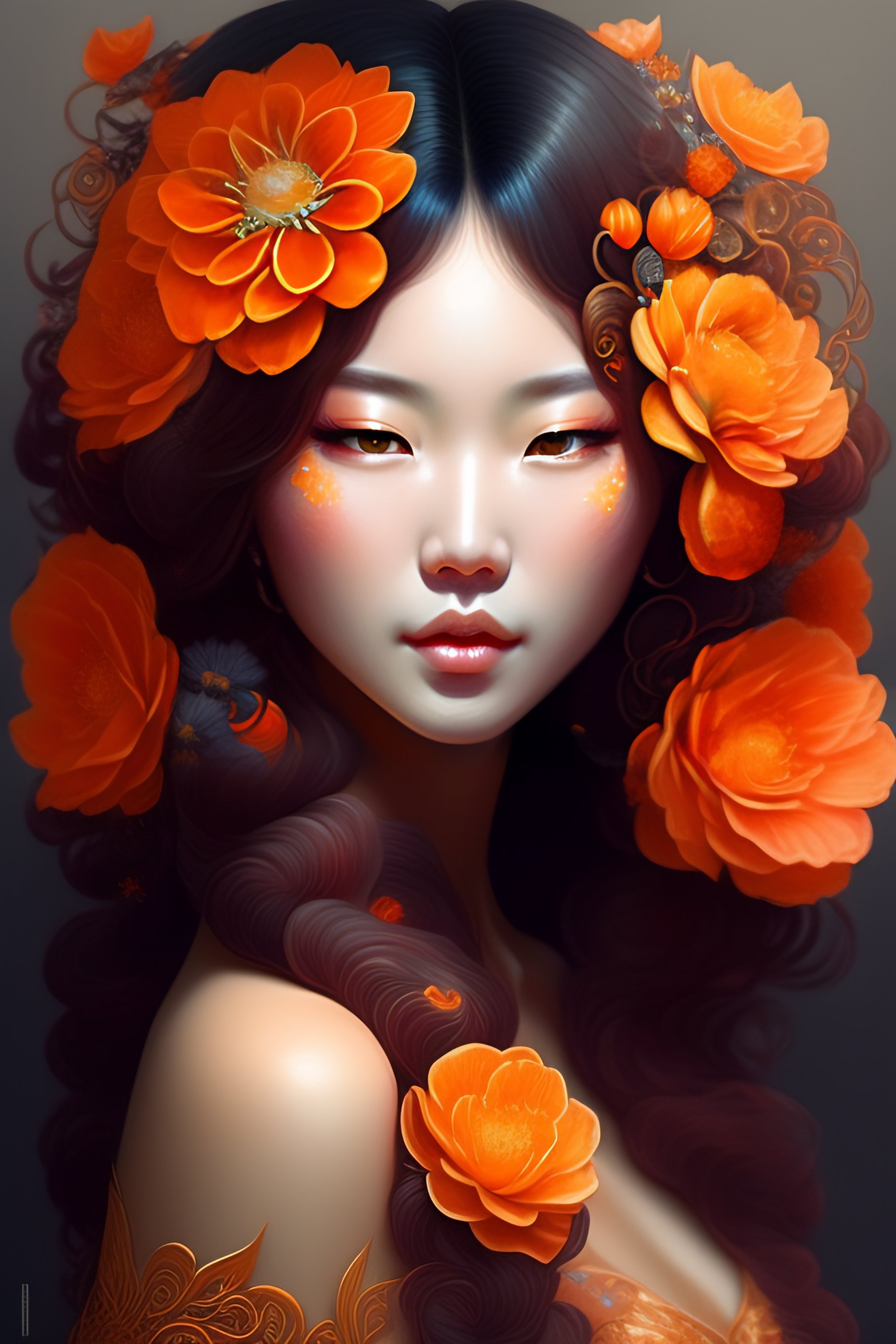 Lexica - Beautiful cute front portrait Korean ninfa, big long curly ...