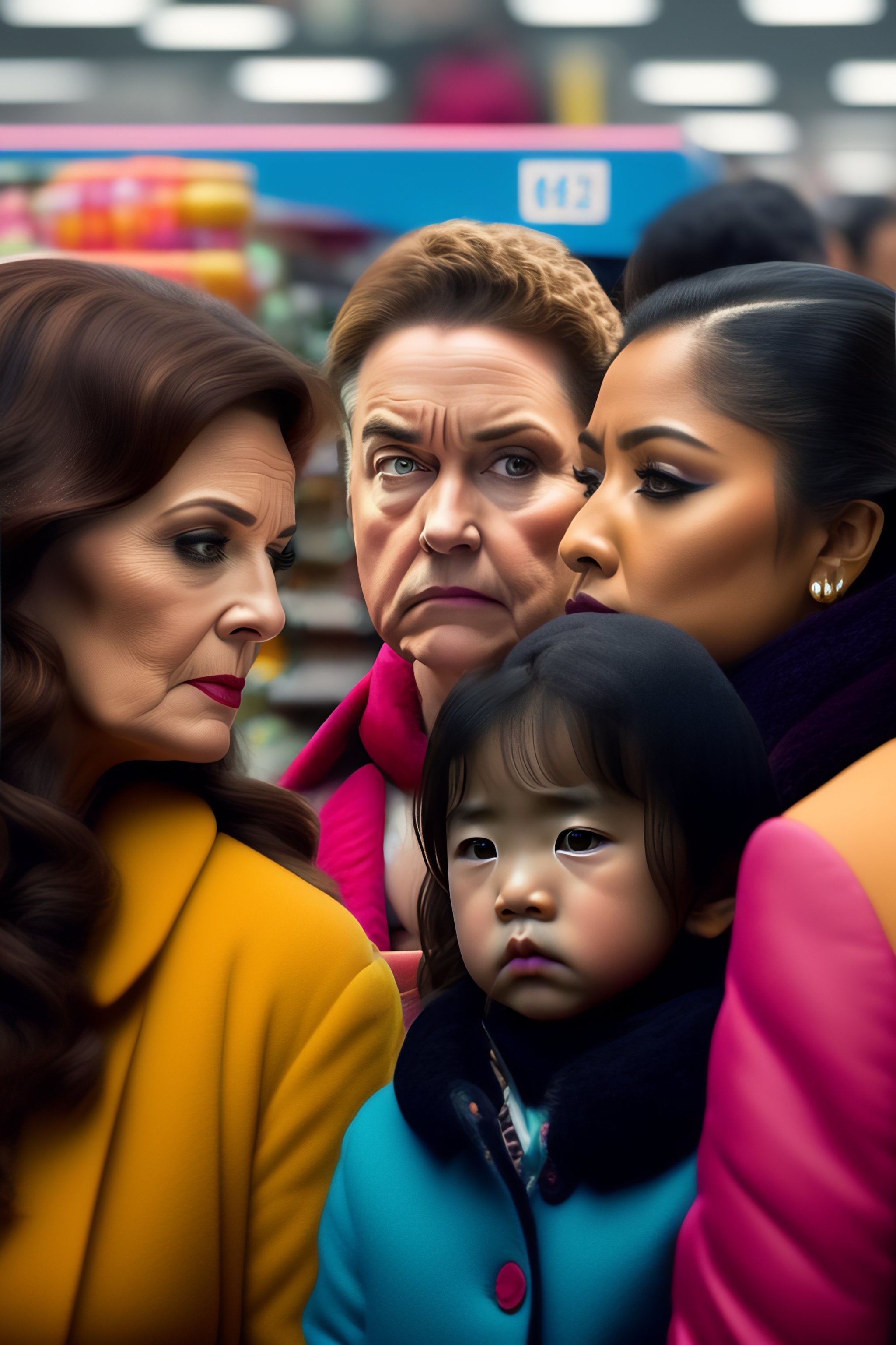 Lexica - Sad faces in a wallmart on happy new year, pastel style