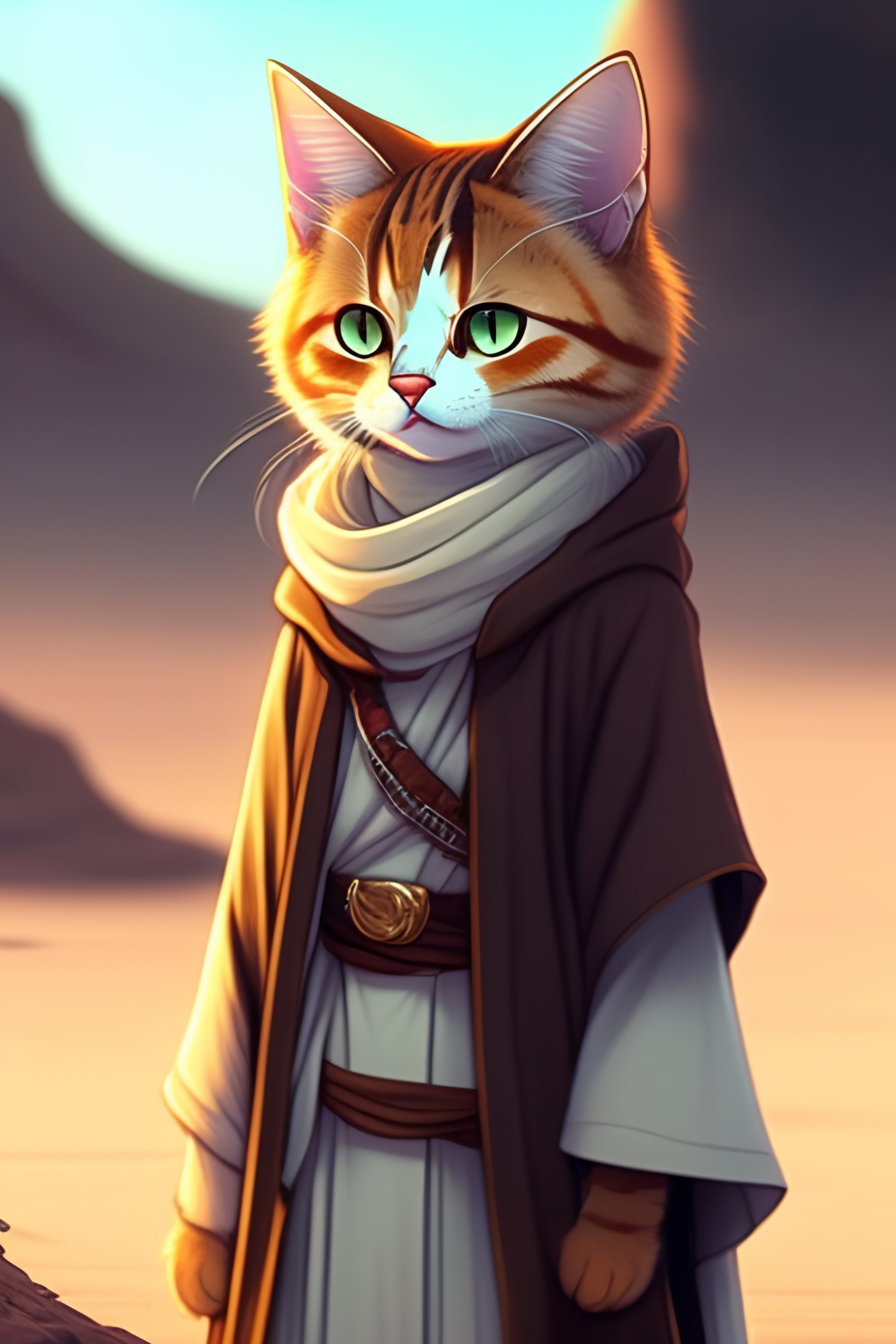 Lexica - Cute cat as jedi, wearing lobe, on sand planet.