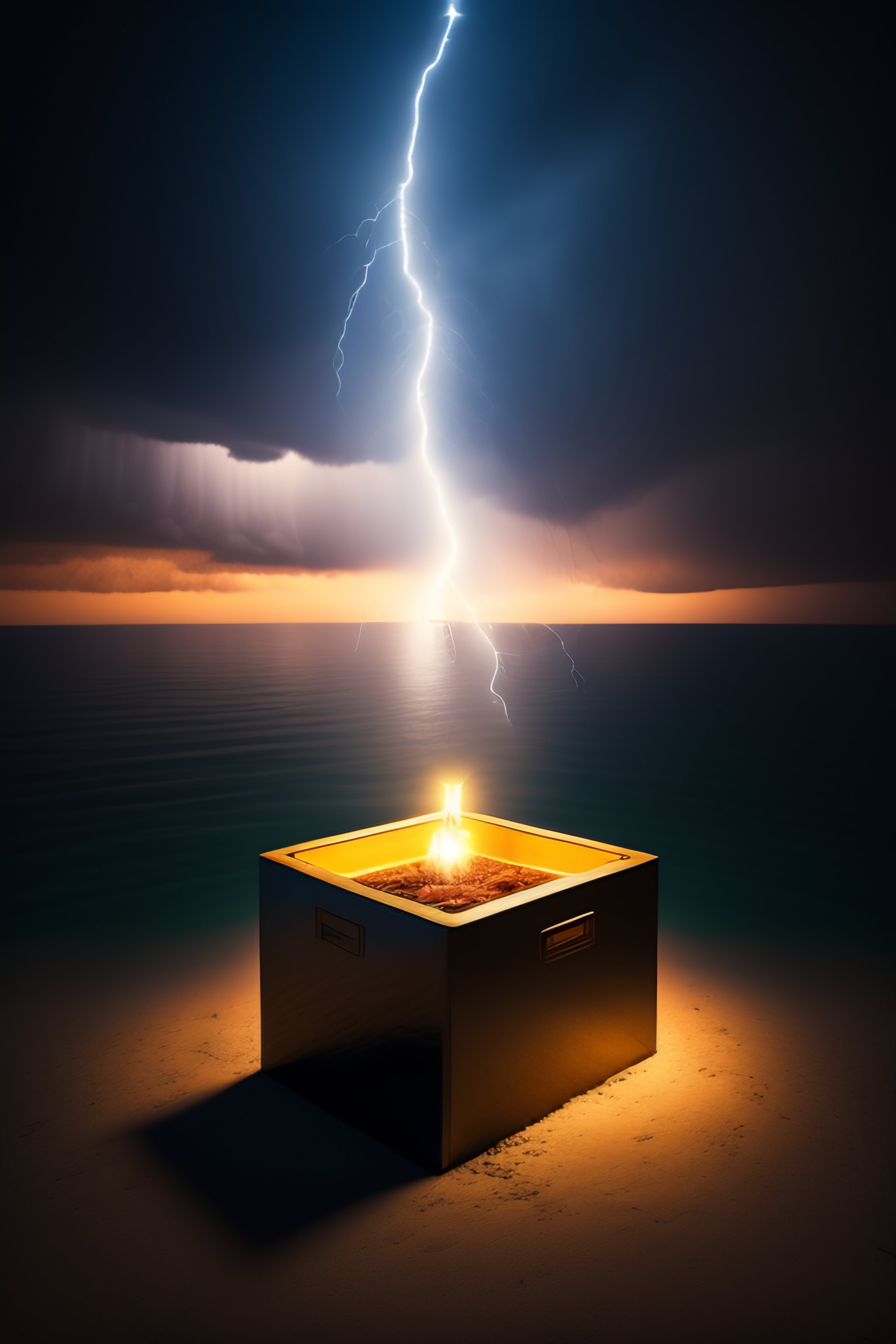 Lexica - A box floating in a dark space, it is hit at the top by a ...