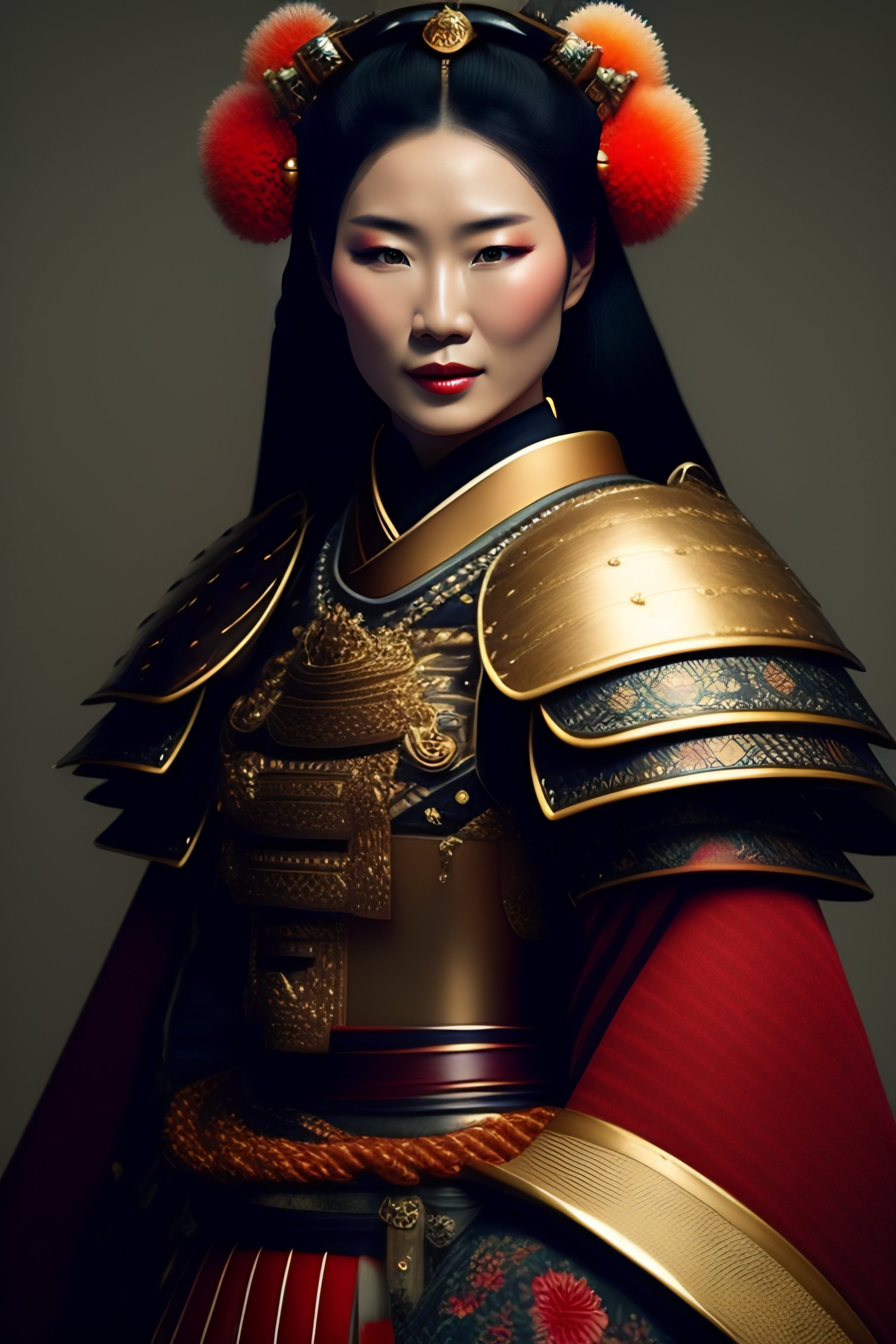 Lexica - A beautiful woman in a samurai armor, a little smile on her face
