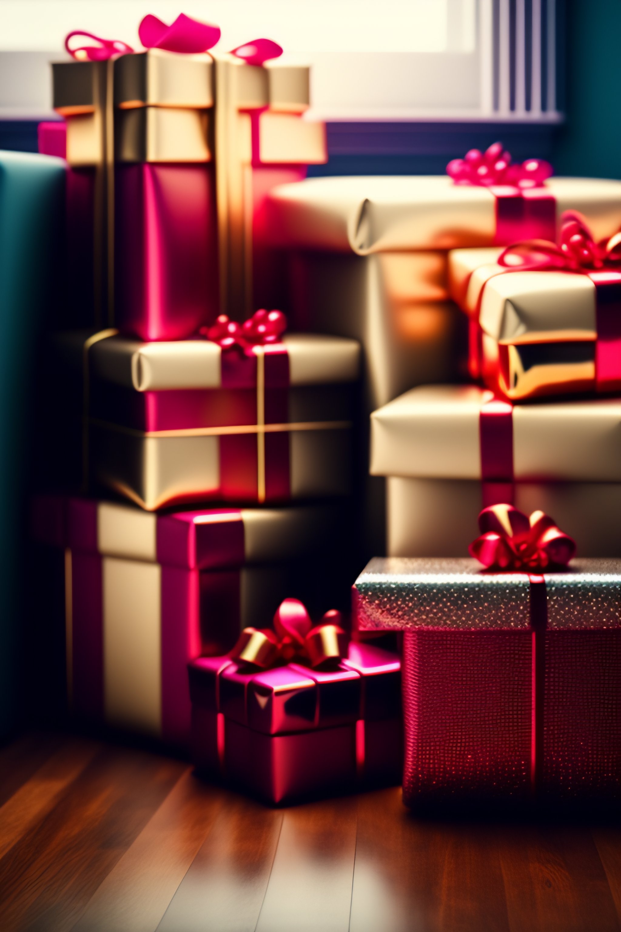 Lexica - Image of many gift packages on top of each other in a room