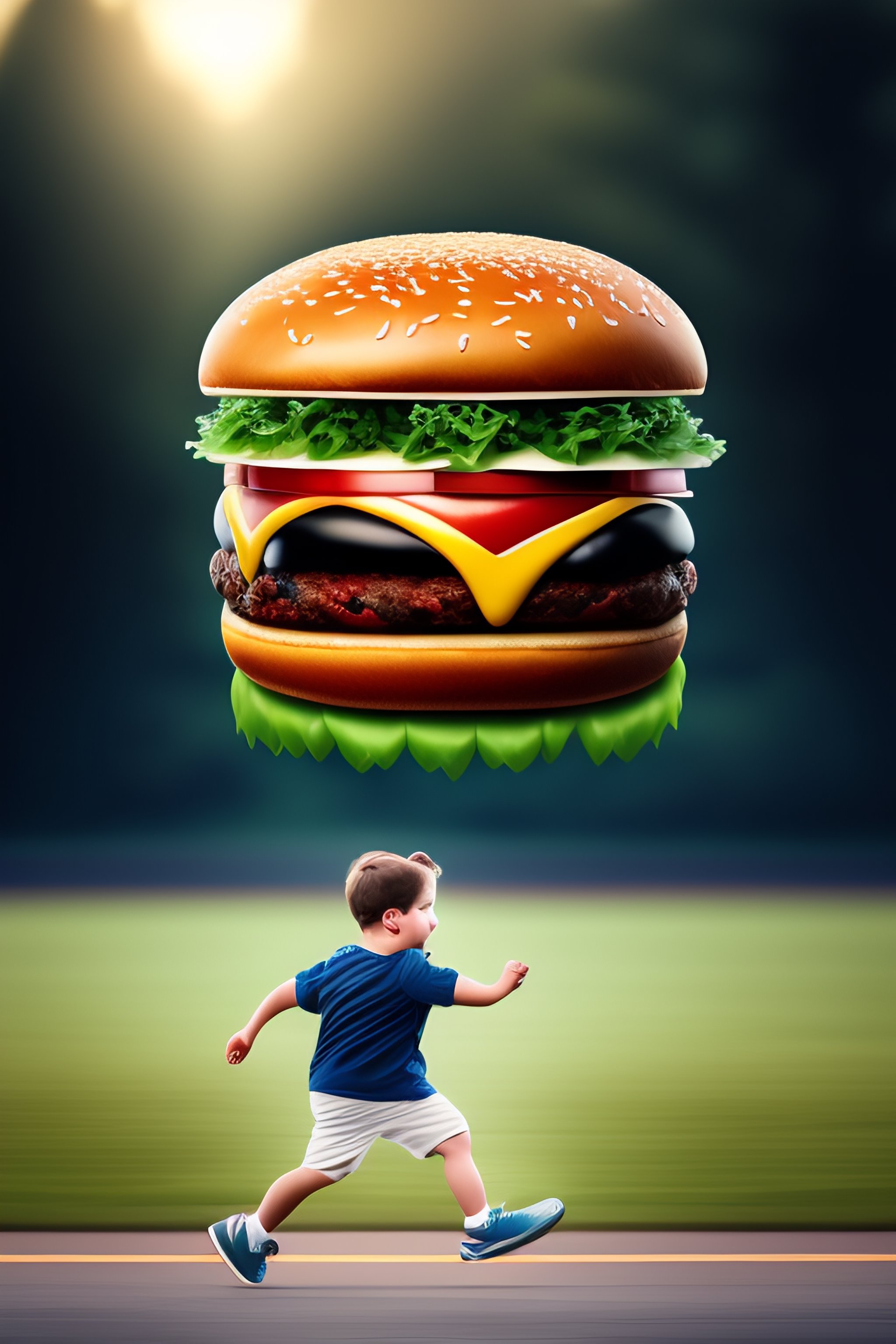 Lexica - Giant evil burger chasing a kid