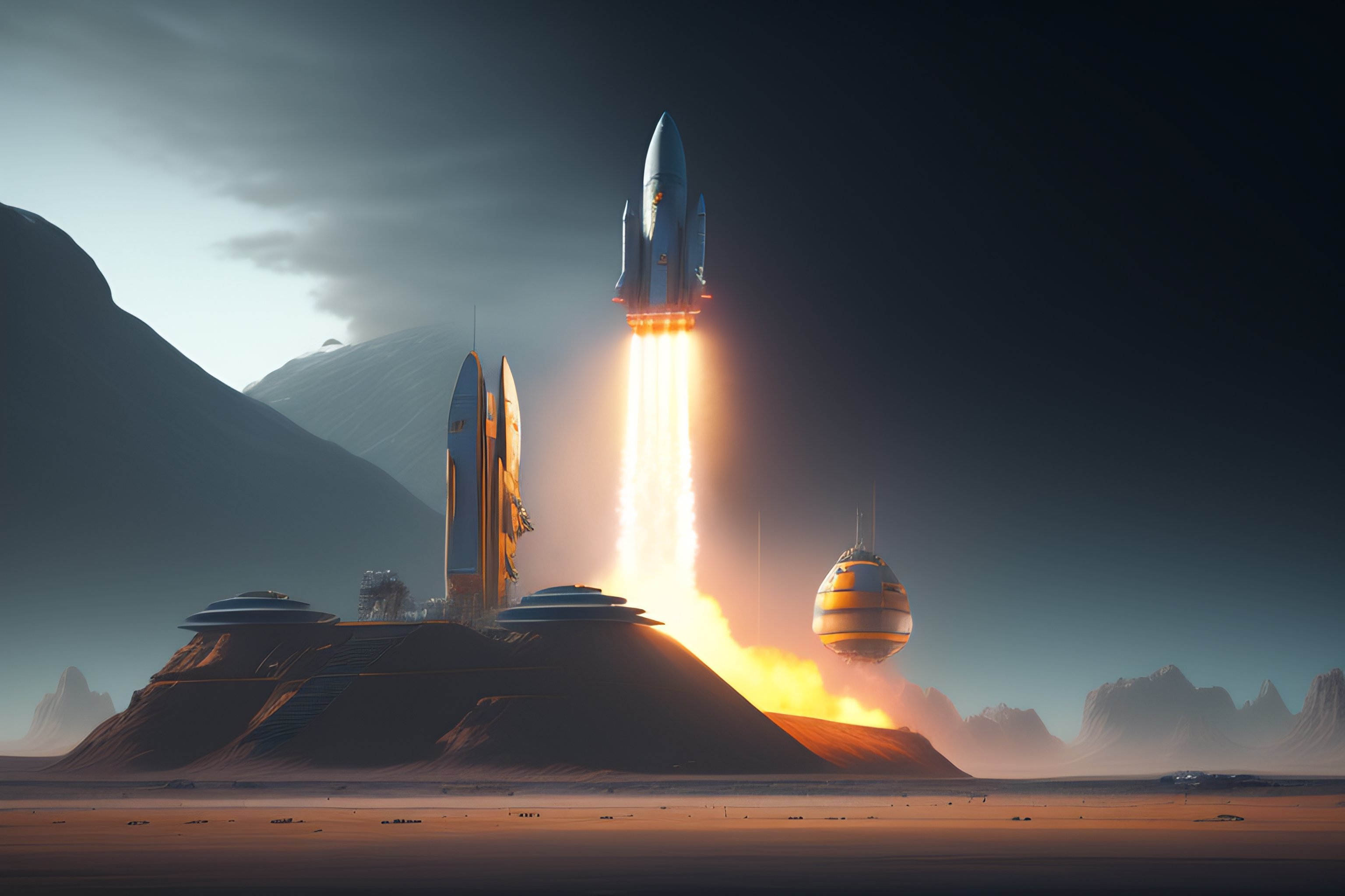 Lexica - Grey scifi space rocket, fired from launch platform, exhaust engine fire, landscape ...