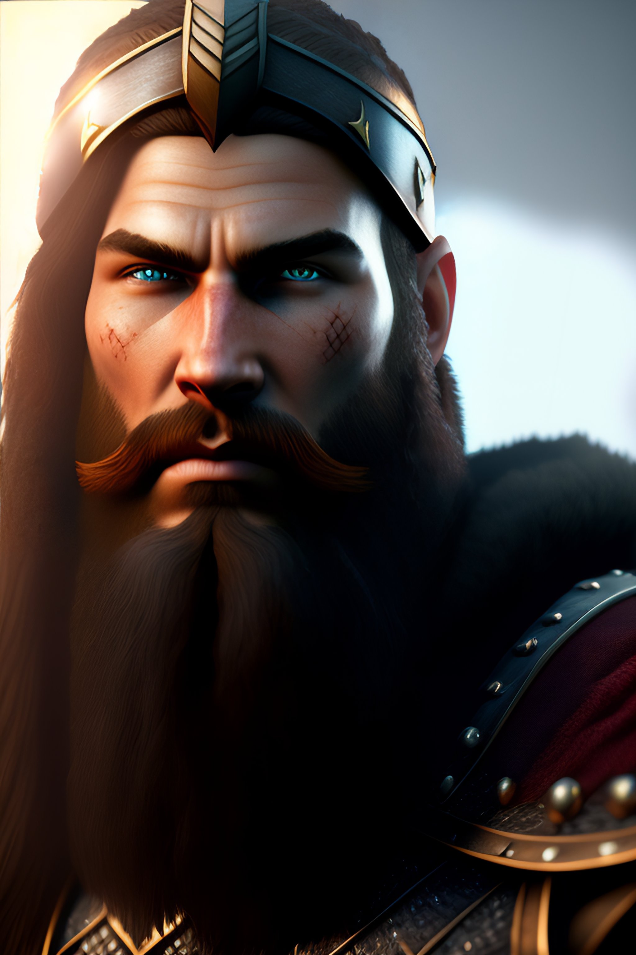 Lexica - A brave viking, scars on his face, a war hammer, a shield ...