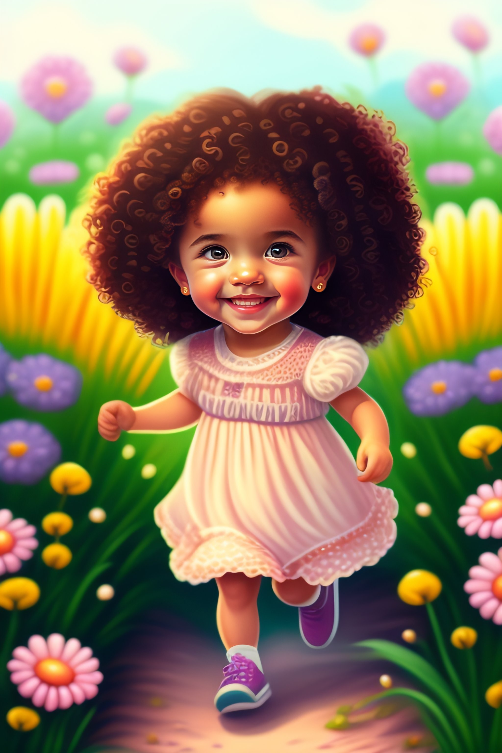 Lexica - A little girl with curly brown hair running through a field of ...
