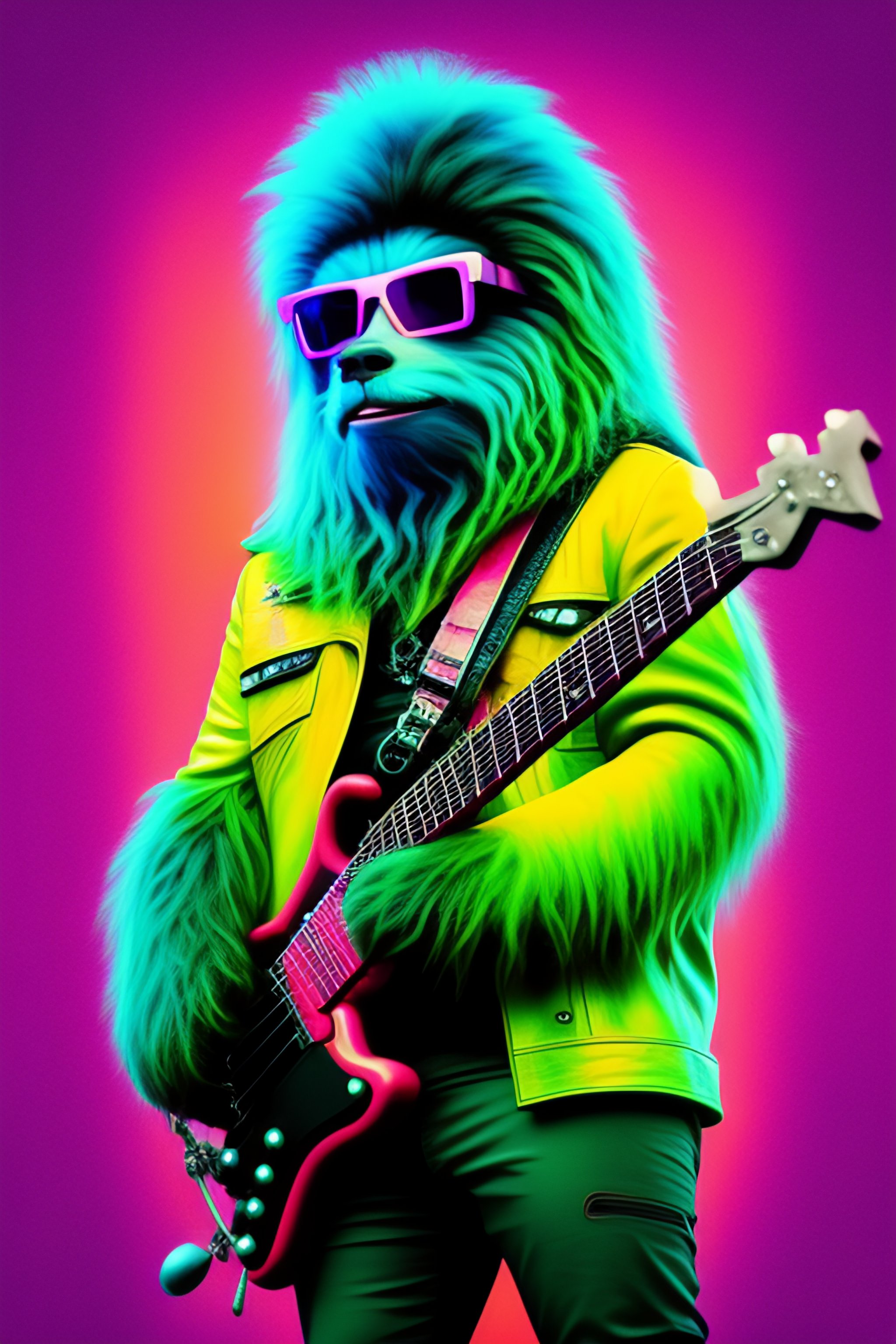 Lexica - Chewbacca punk neon with sunglases playing bass guitar