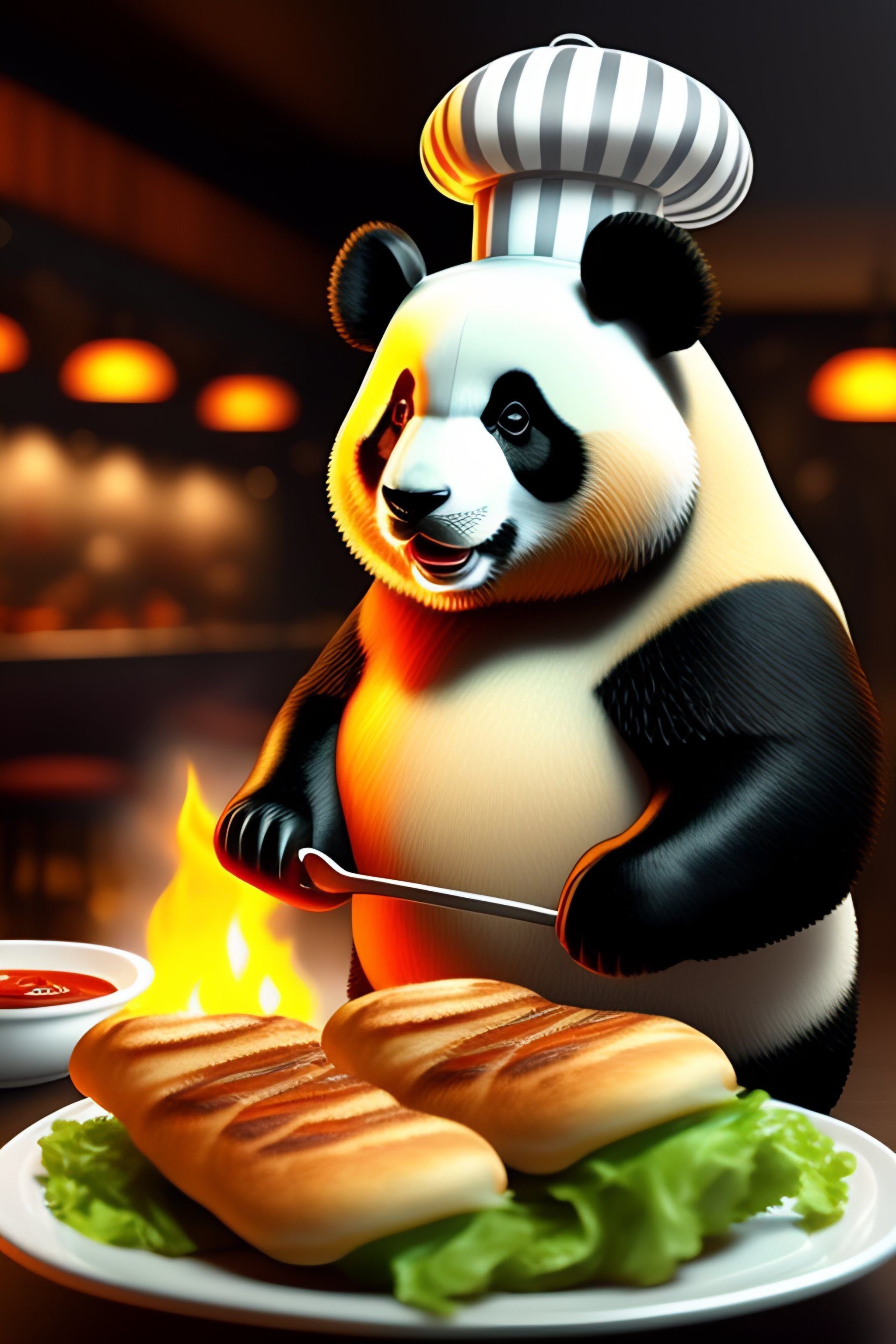Lexica - A panda wearing a chef hat and serving a kebab in a restaurant