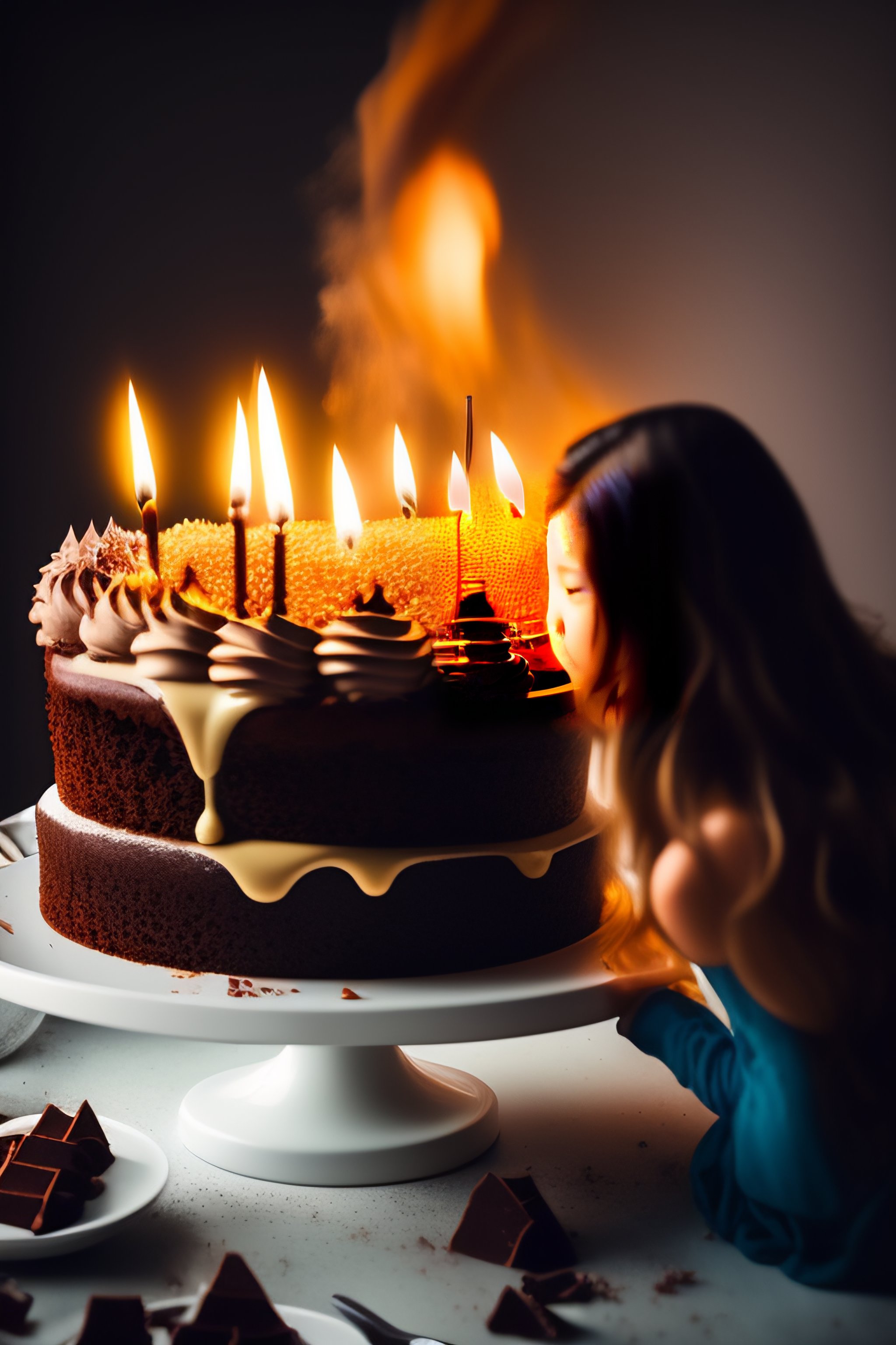Lexica - Friends blowing out candles on an exploding chocolate cake