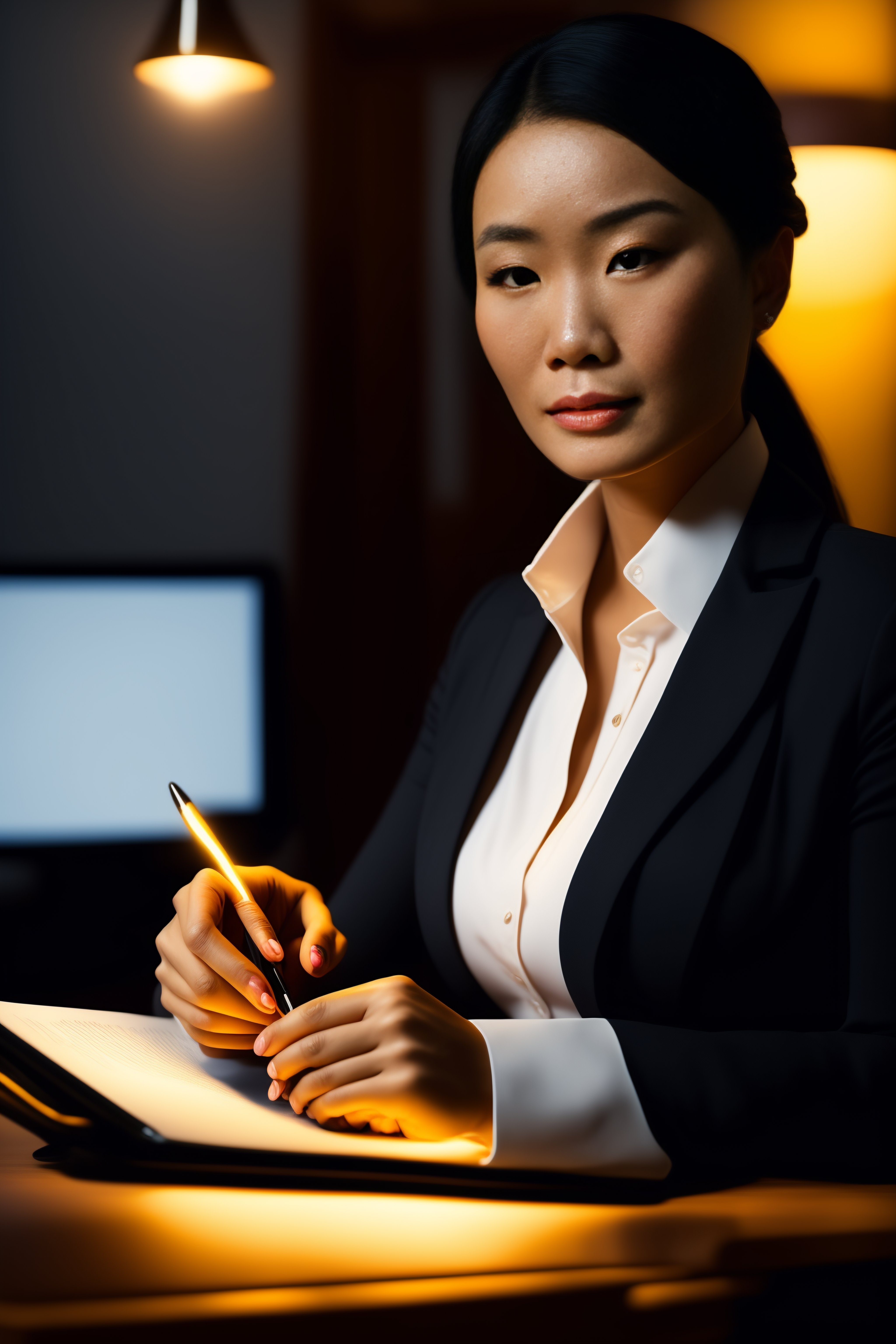 Lexica - A female asian lawyer working late at night writing a legal ...