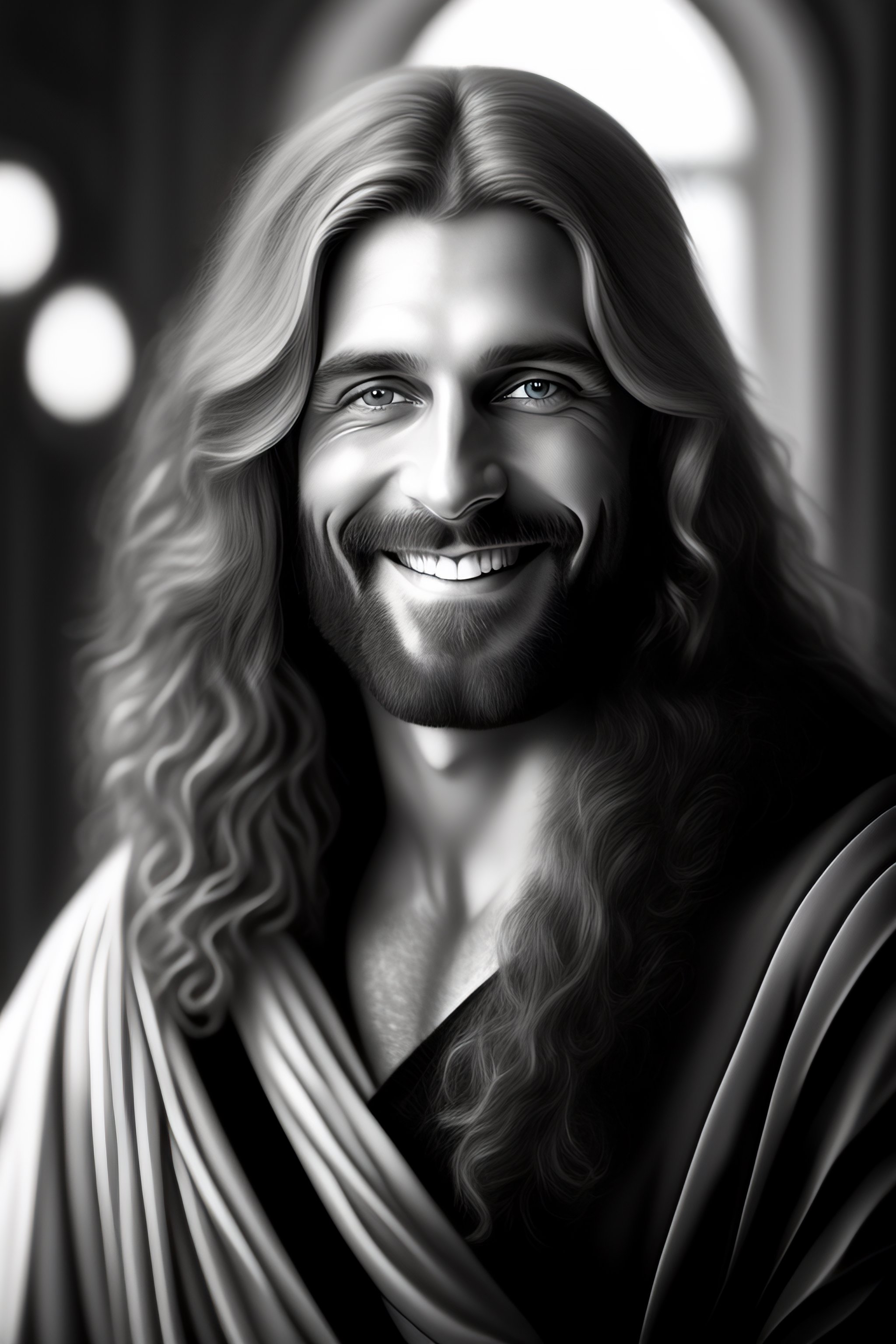 Lexica - Hyperrealist portrait of jesus smiling, david hockney and ...