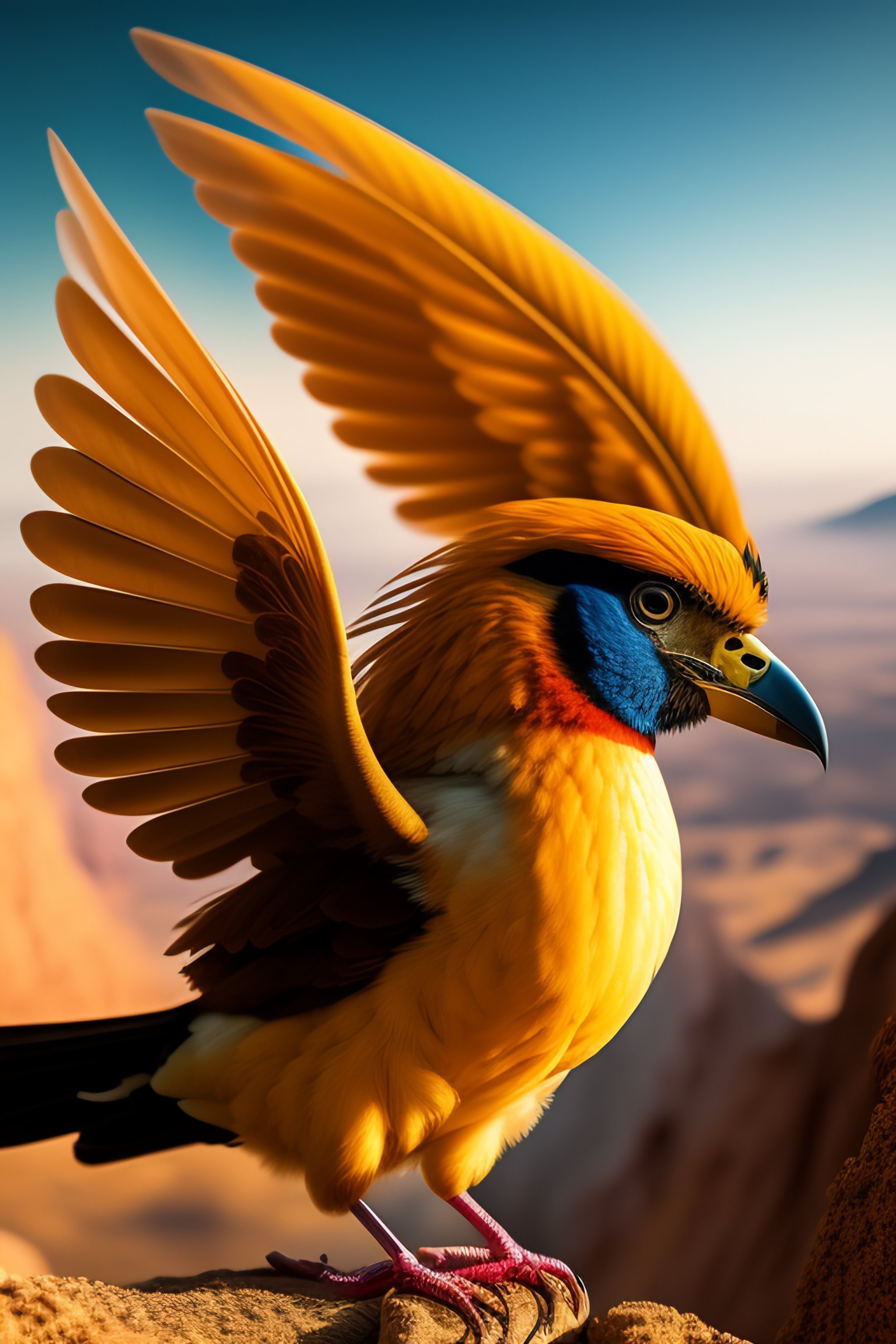 Lexica - Winged humanoid bird features, large talon, golden brown feathers