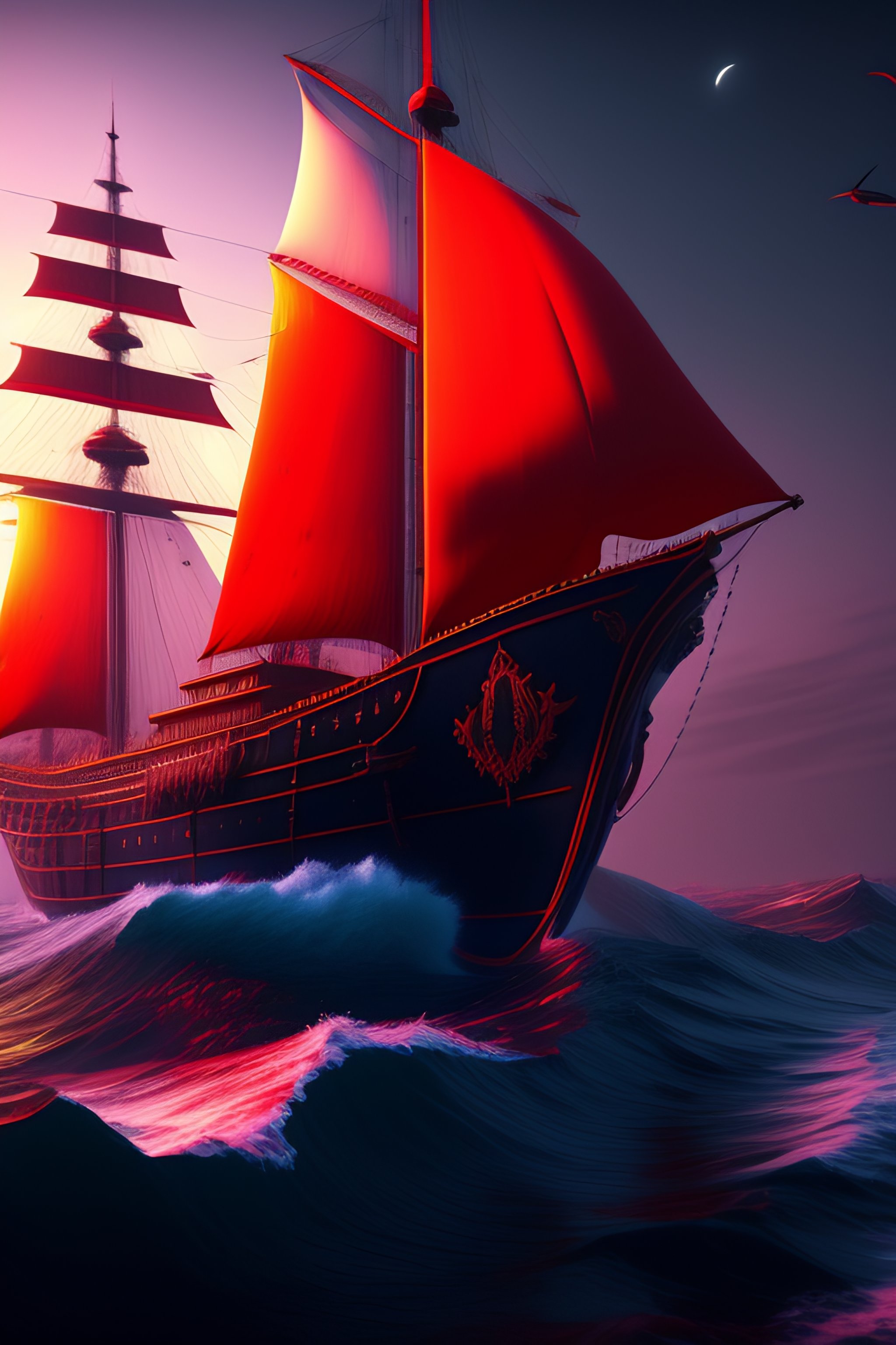 Lexica - A big red ship with black sails is sailing on the sea, big ...