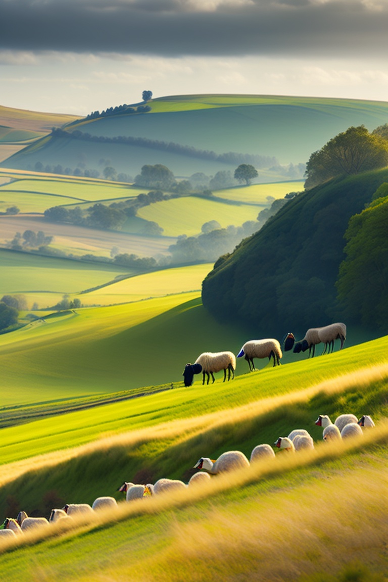 Lexica - A peaceful countryside scene with rolling hills and a flock of ...