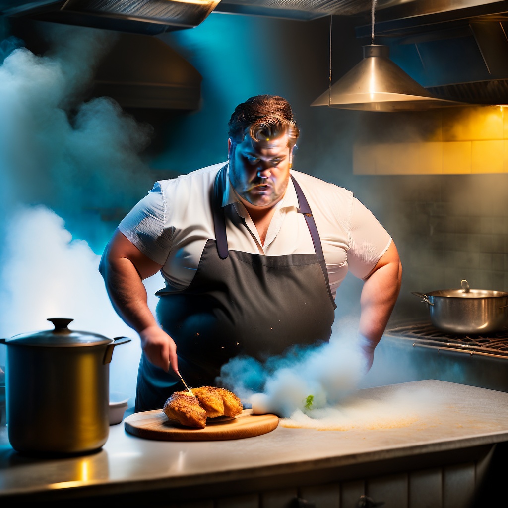 Lexica - Greasy, unhygienic chef in messy kitchen cooking fried chicken ...