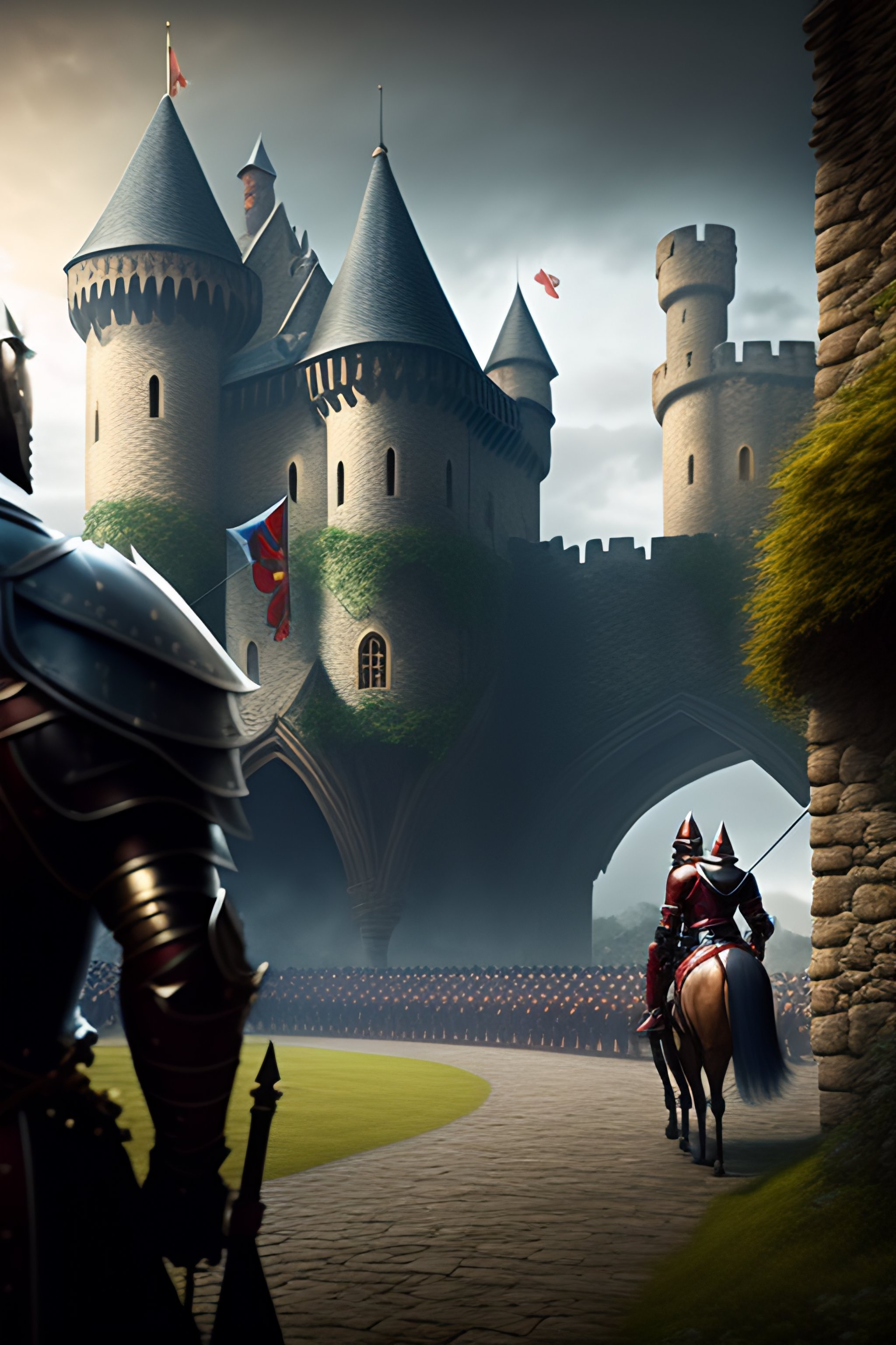 Lexica - Wide photo , realistic , armored knight ,interring the castle ...