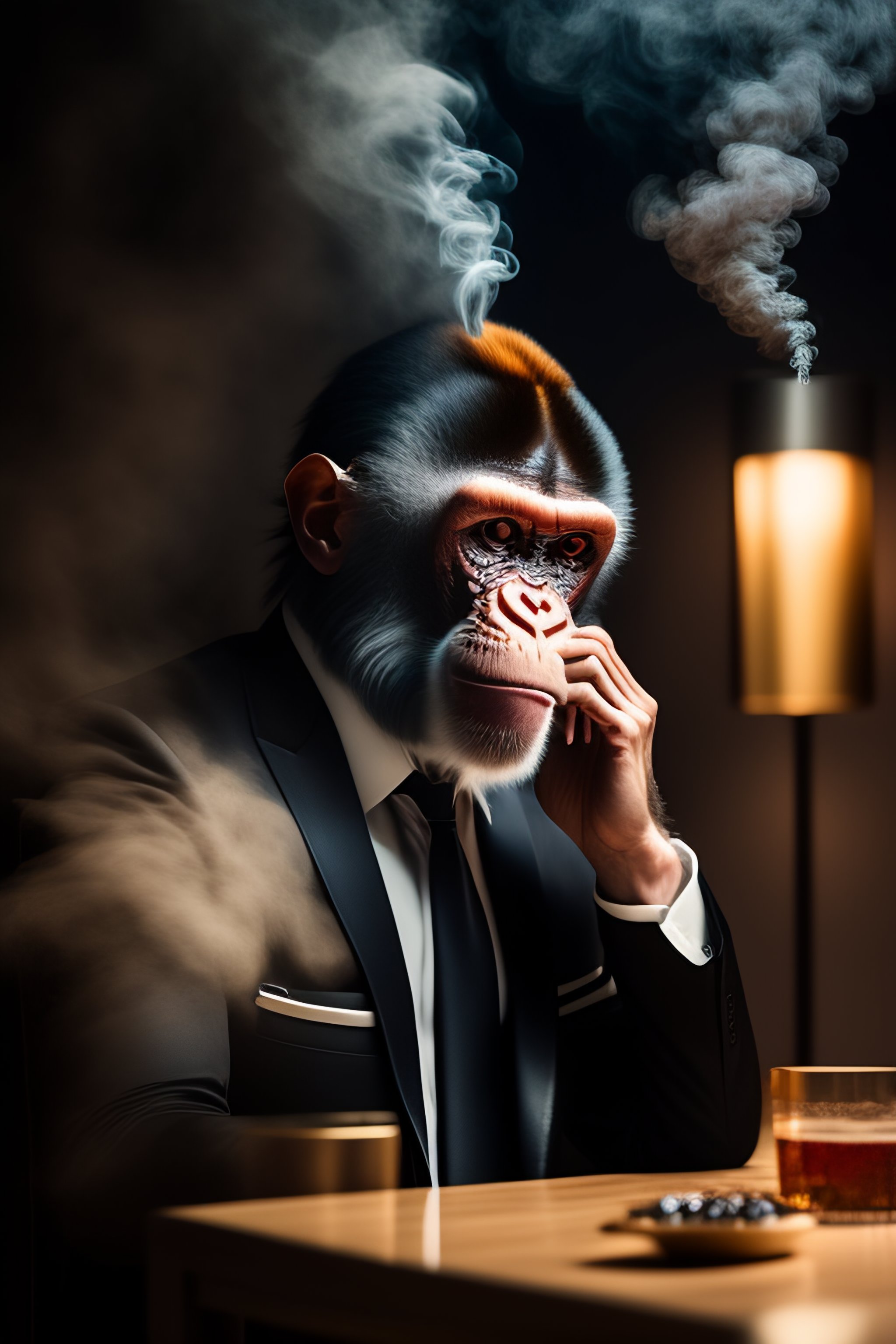 Lexica - Elegant monkey, black suit, smoking a very smoky cigarette ...