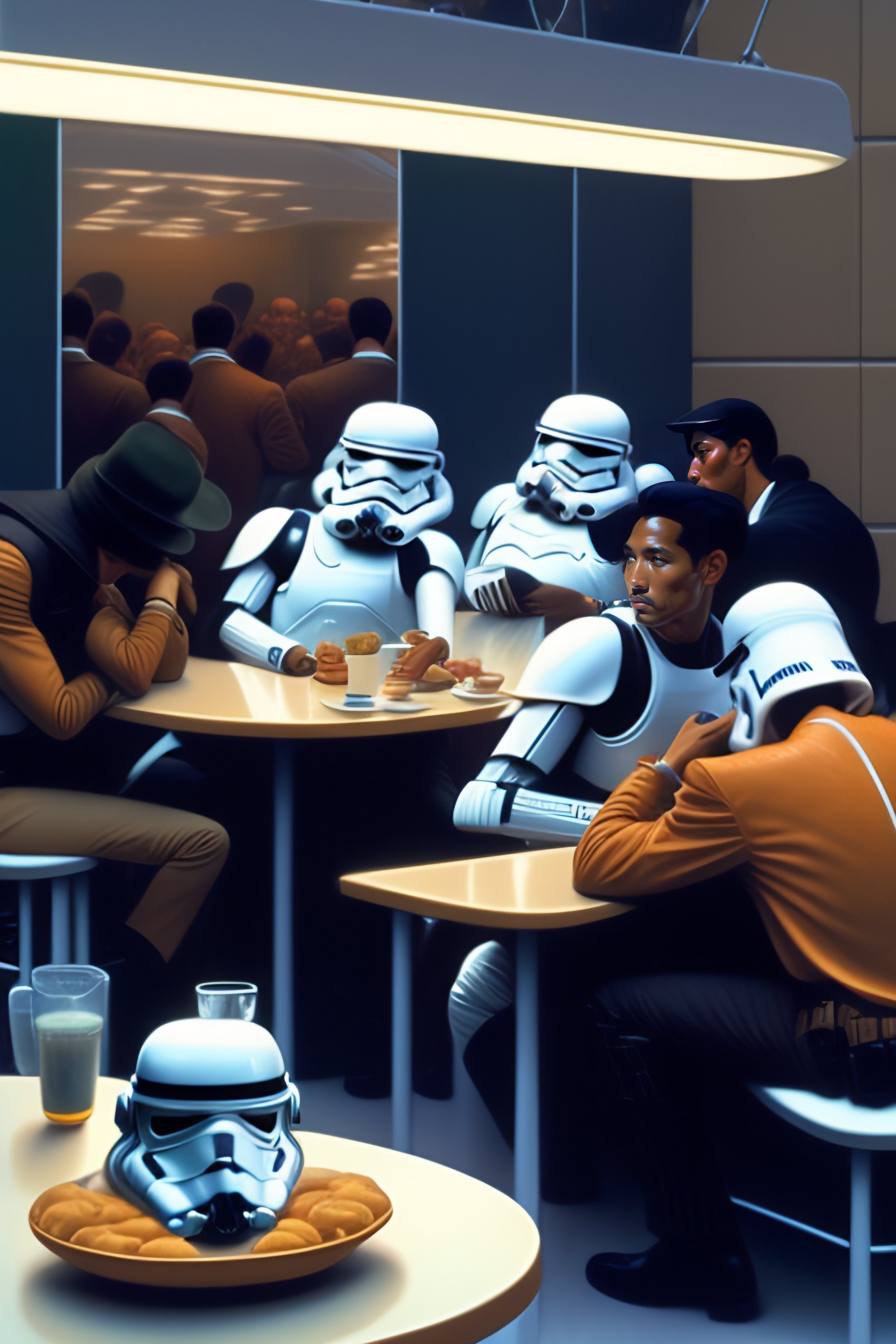 Lexica - "crowded stormtrooper break room" by syd mead, cold color ...