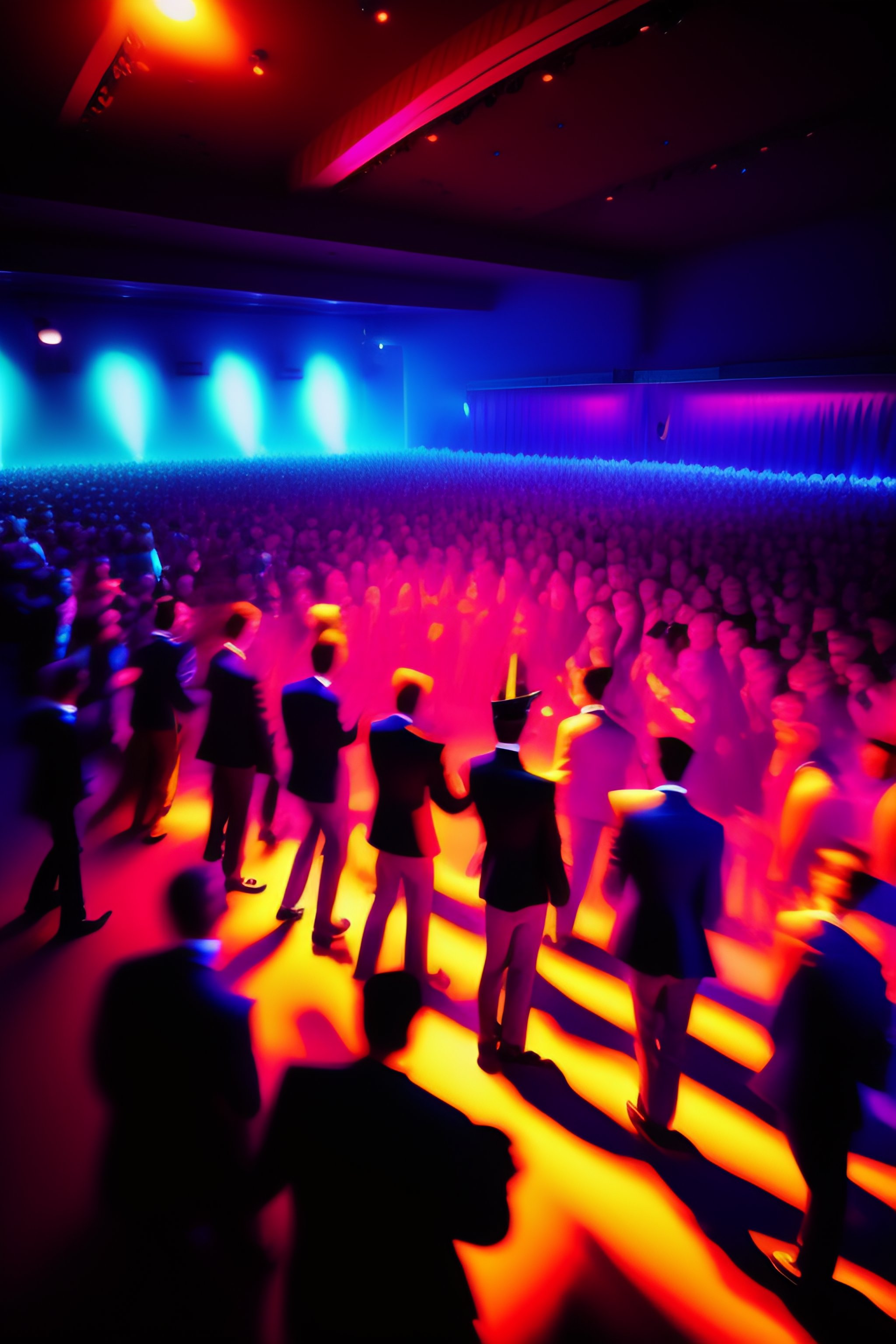 Lexica - Photo of a party in a large colorful hall, dancing skeletons