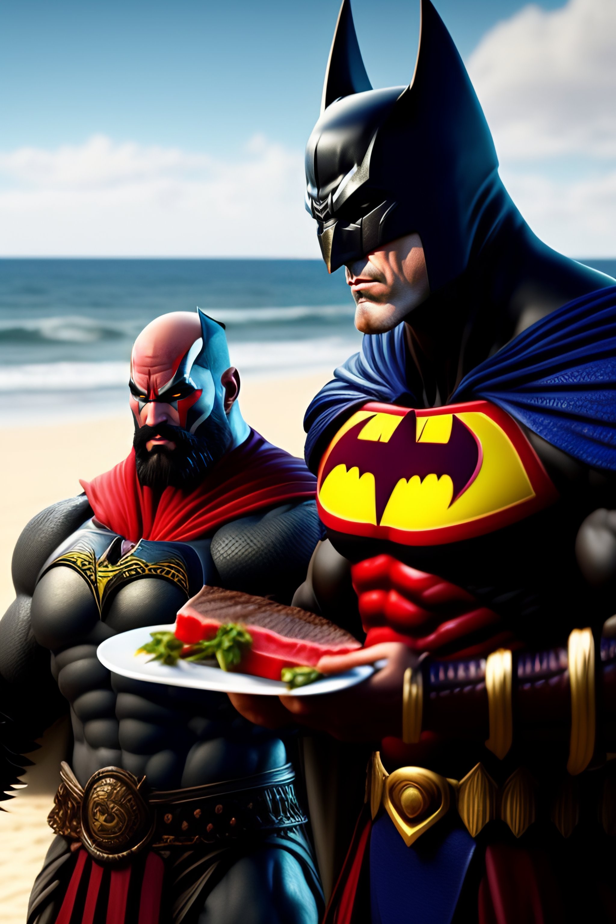 Lexica - KRATOS AND BATMAN HAVING STEAK DINNER ON A BEACH WITH KNIVES ...