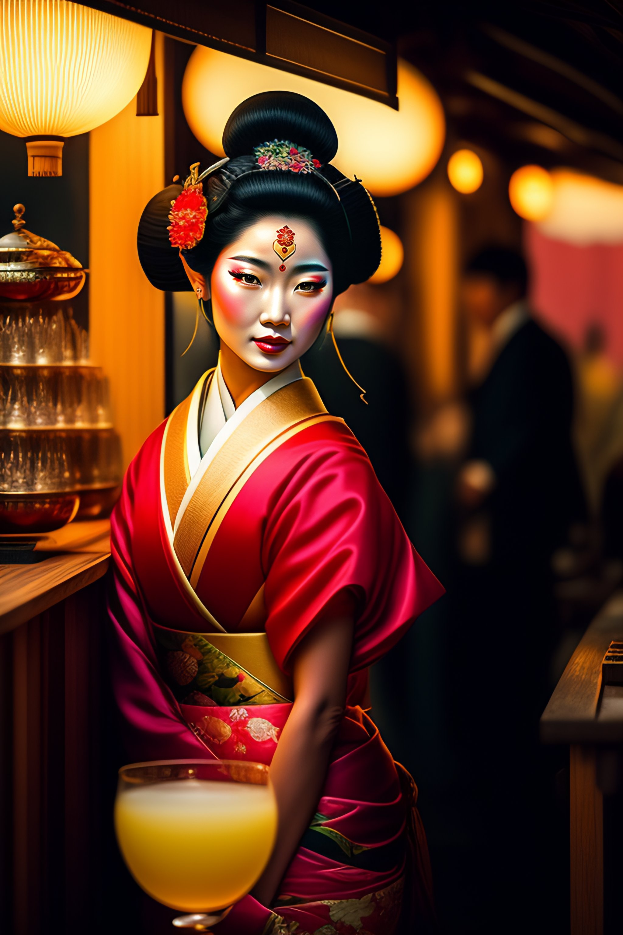 Lexica - Japanese geisha retro, serving caipirinha in Brazilian kiosk