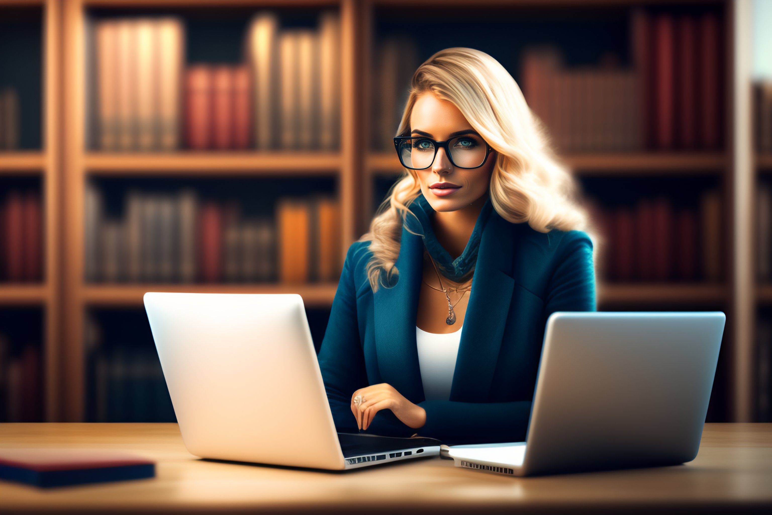 Lexica - Blond women, hipster programer working in a library, on a ...