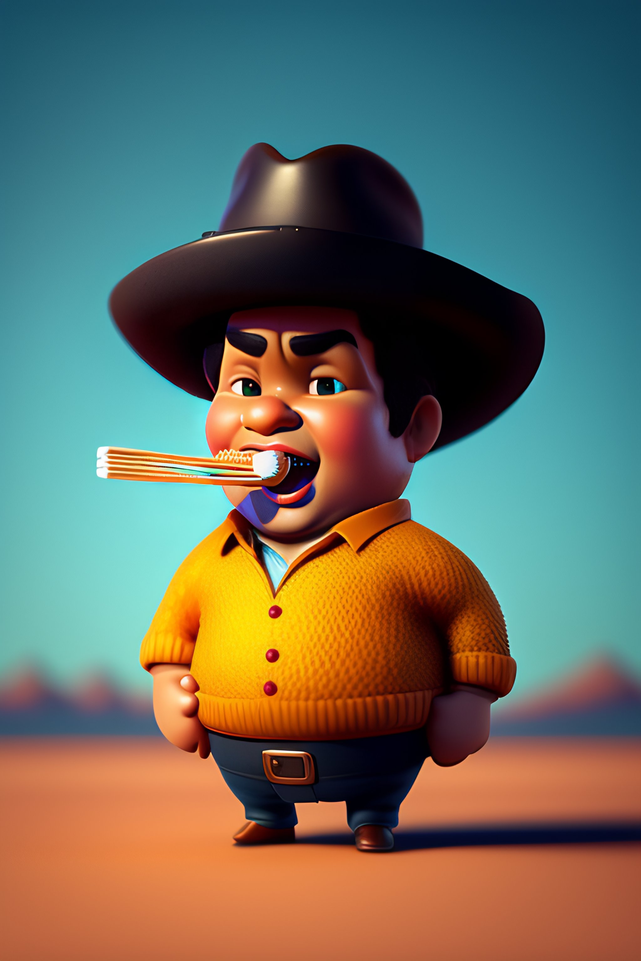 Lexica - A rounded head cartoony character with a cowboy hat chewing a ...