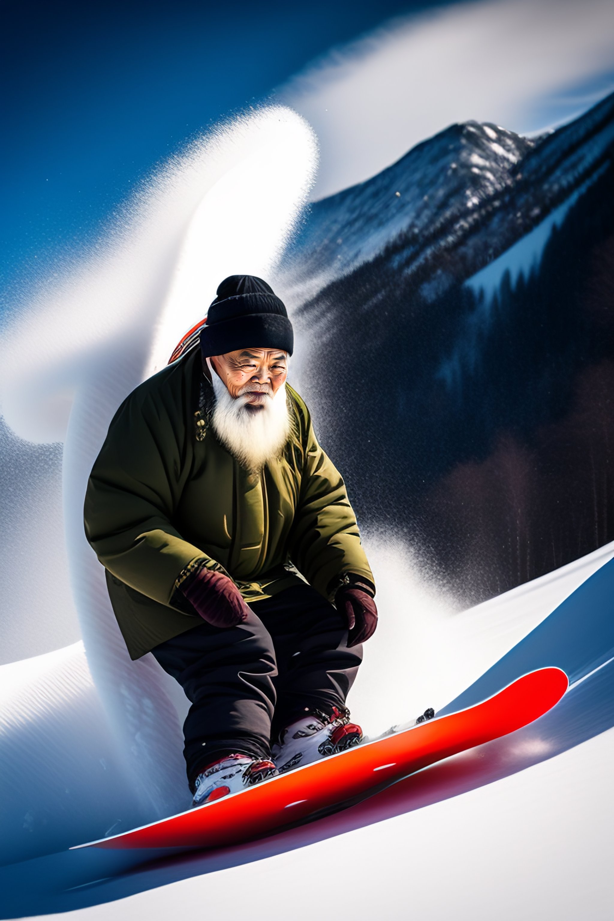 Lexica - Old wise chinese man snowboarding