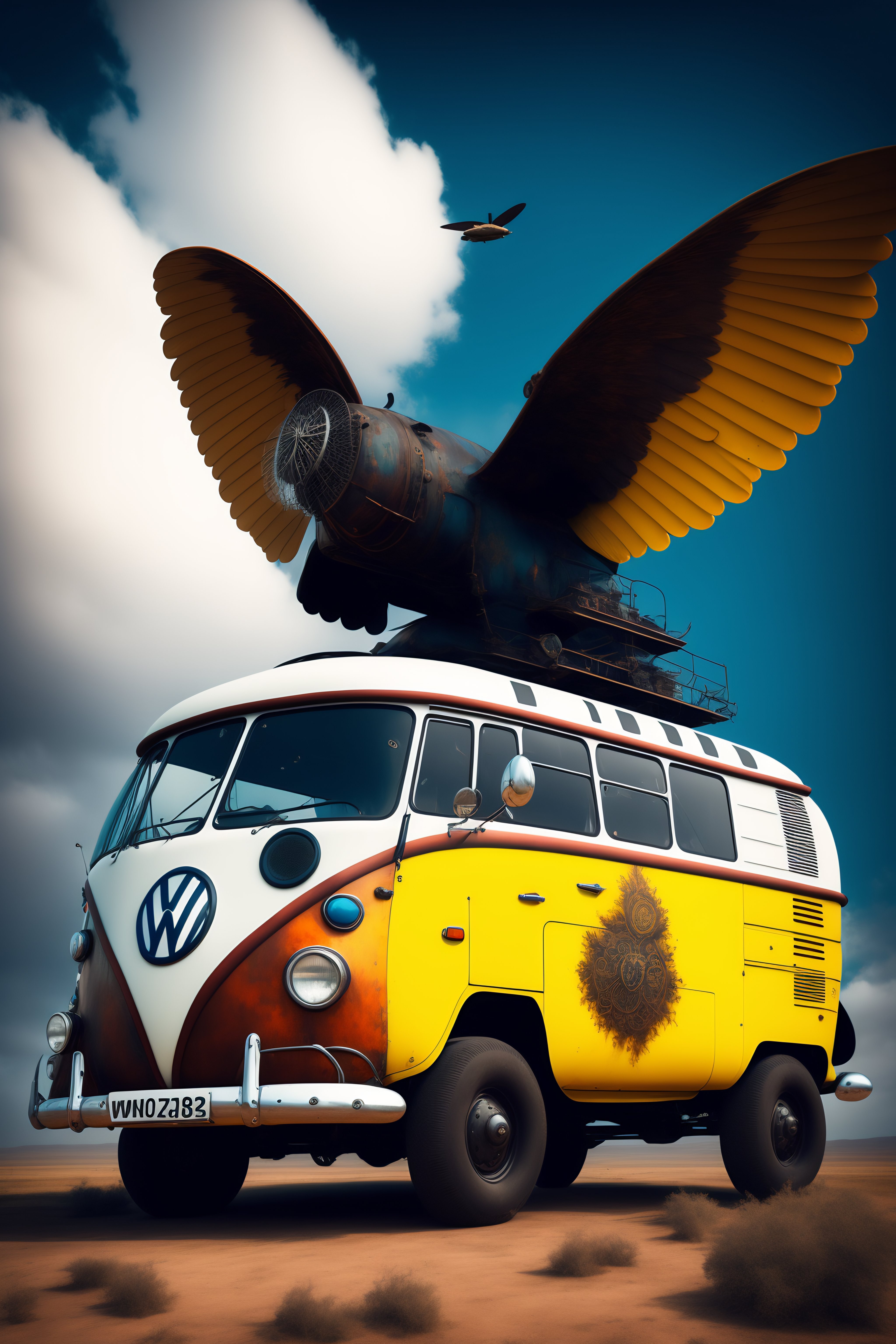 Lexica - Vw type 2 buso ver the sky flying flapping like bird-wings ...