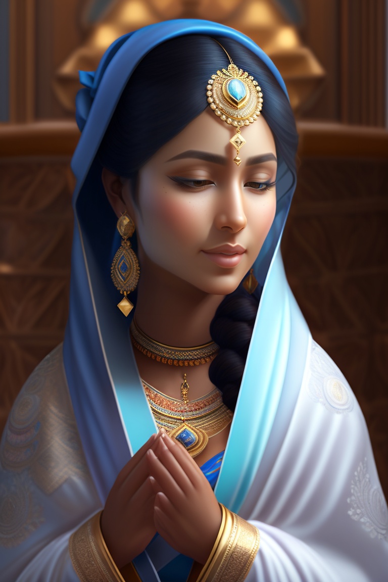 Lexica - Brunette Indian woman, white clothing, blue robe, hands ...